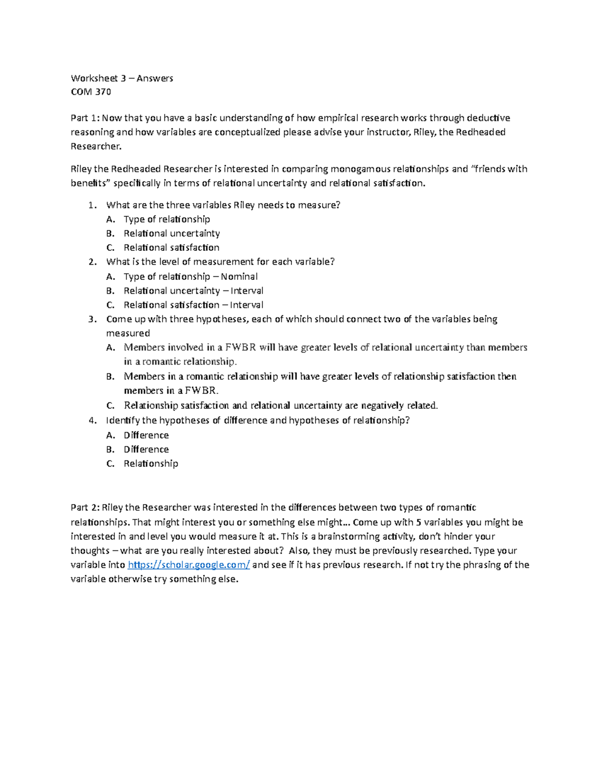 Worksheet 3 Variables - Answer Key - Worksheet 3 – Answers COM 370 Part ...