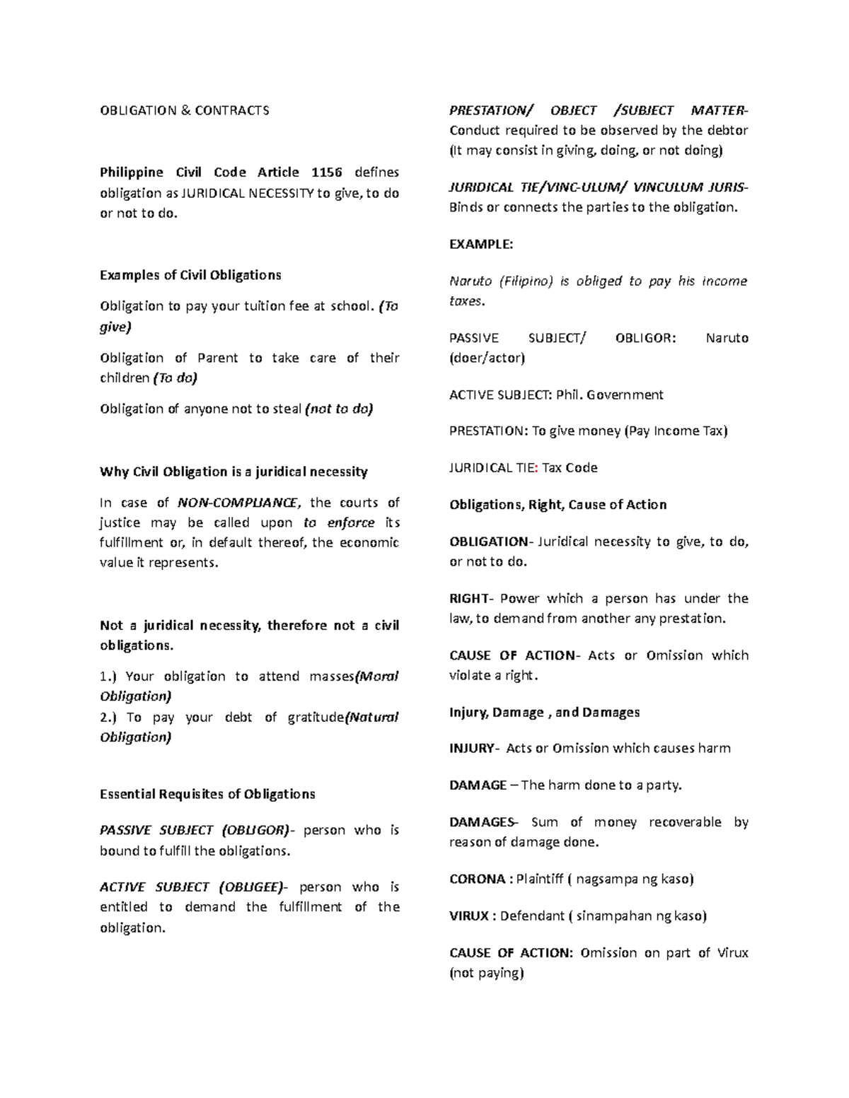 Oblicon- Reviewer - OBLIGATION & CONTRACTS Philippine Civil Code ...