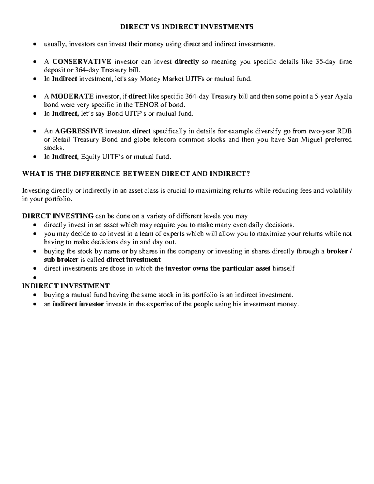 Direct VS Indirect Investments - DIRECT VS INDIRECT INVESTMENTS usually ...