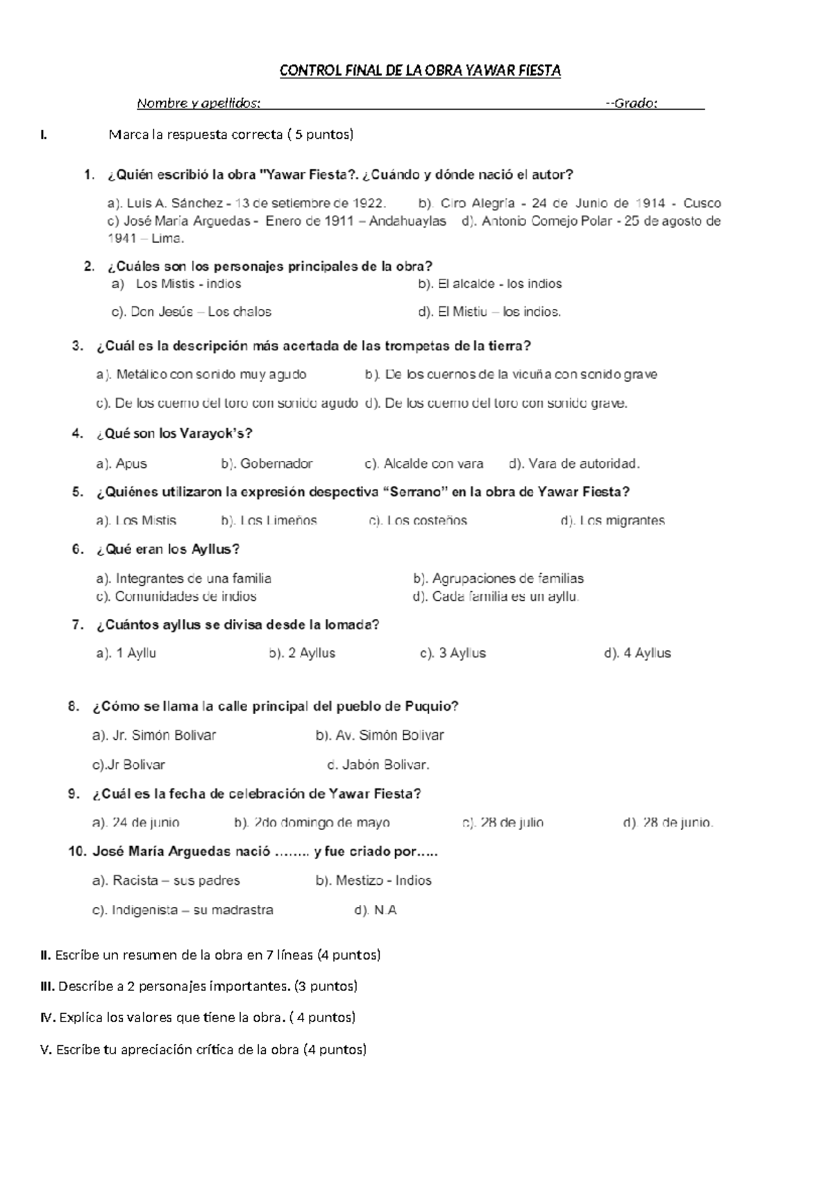 Control Final DE LA OBRA Yawar Fiesta - Generos literarios - CONTROL FINAL DE LA OBRA YAWAR ...