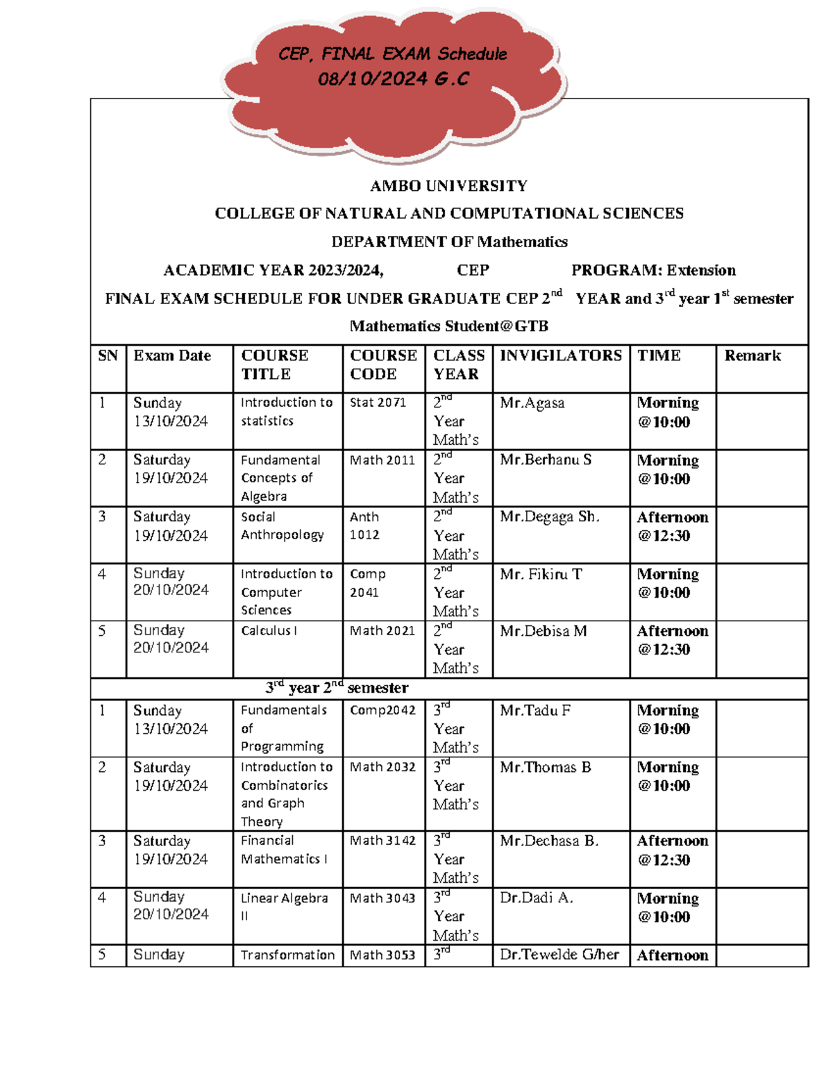 CEP final Schedule@GTB - AMBO UNIVERSITY COLLEGE OF NATURAL AND ...