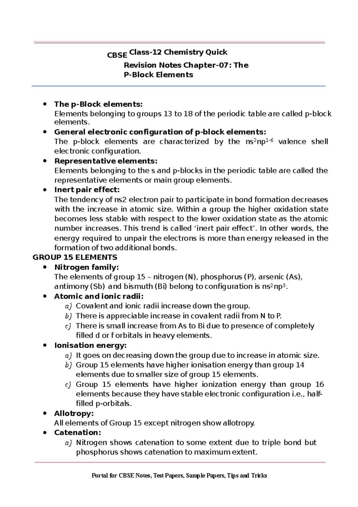 12 chemistry notes ch07 the pblock elements - CBSE Class-12 Chemistry ...