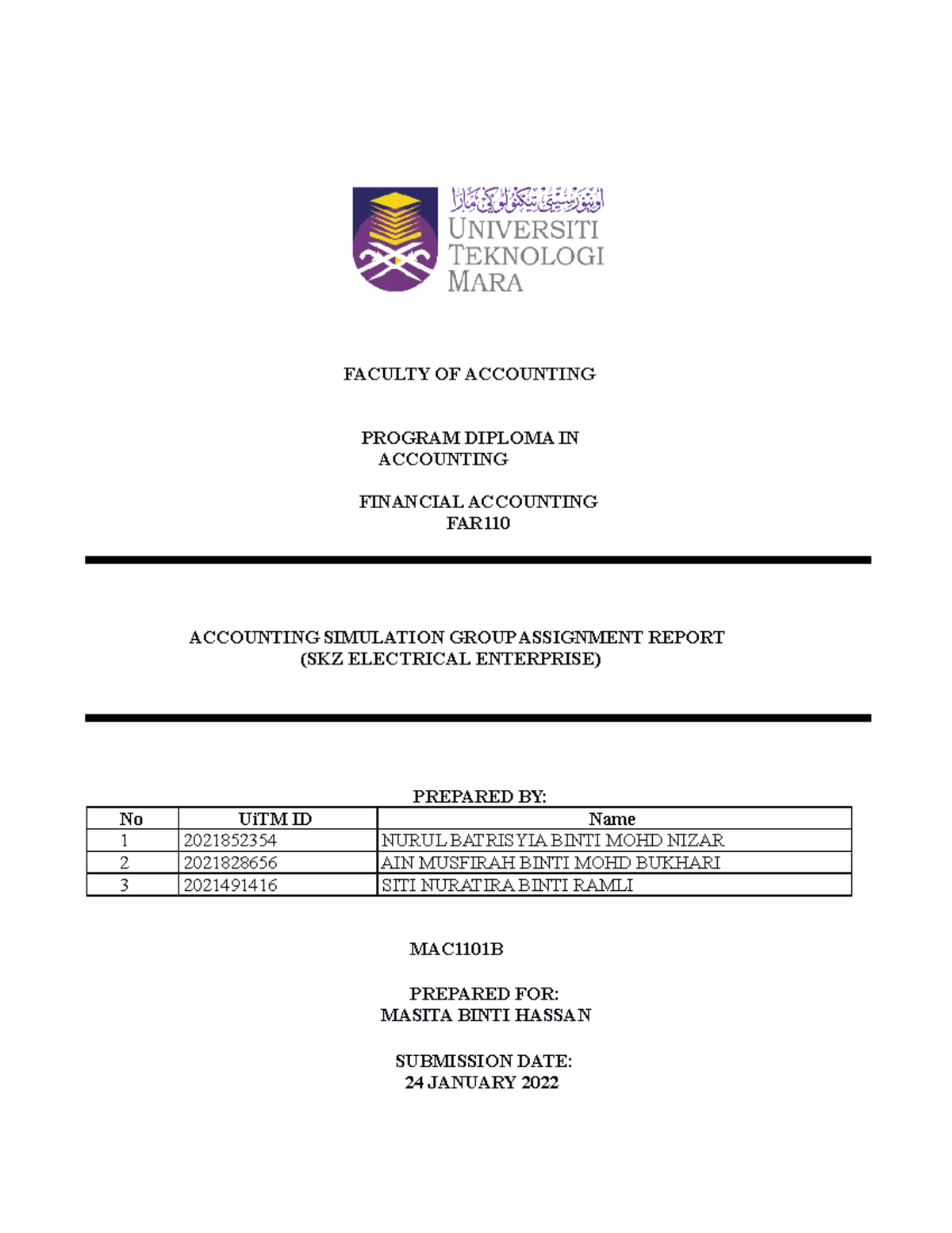 FAR110 Report Assignment - FACULTY OF ACCOUNTING PROGRAM DIPLOMA IN ...