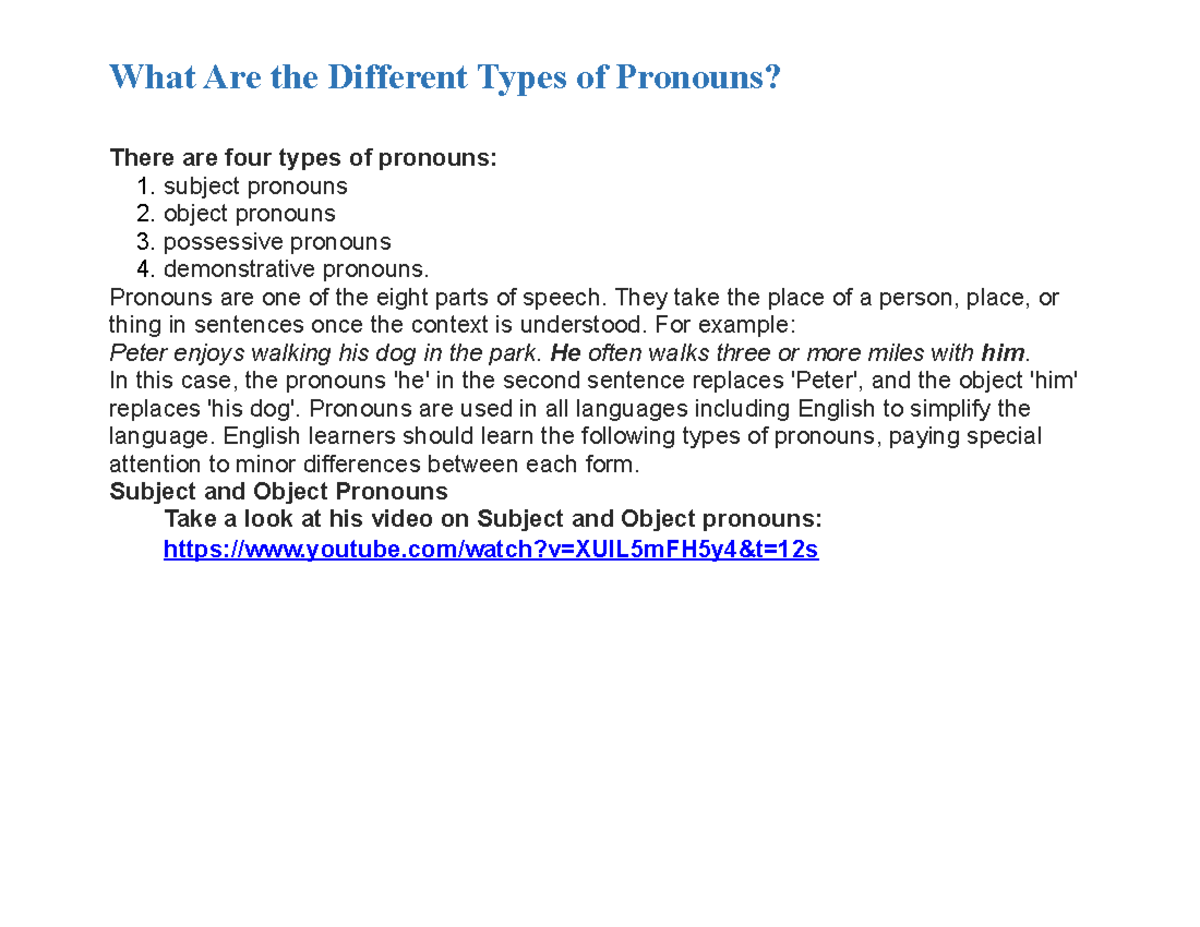 Types of pronouns 1 - Notes - There are four types of pronouns: 1 ...