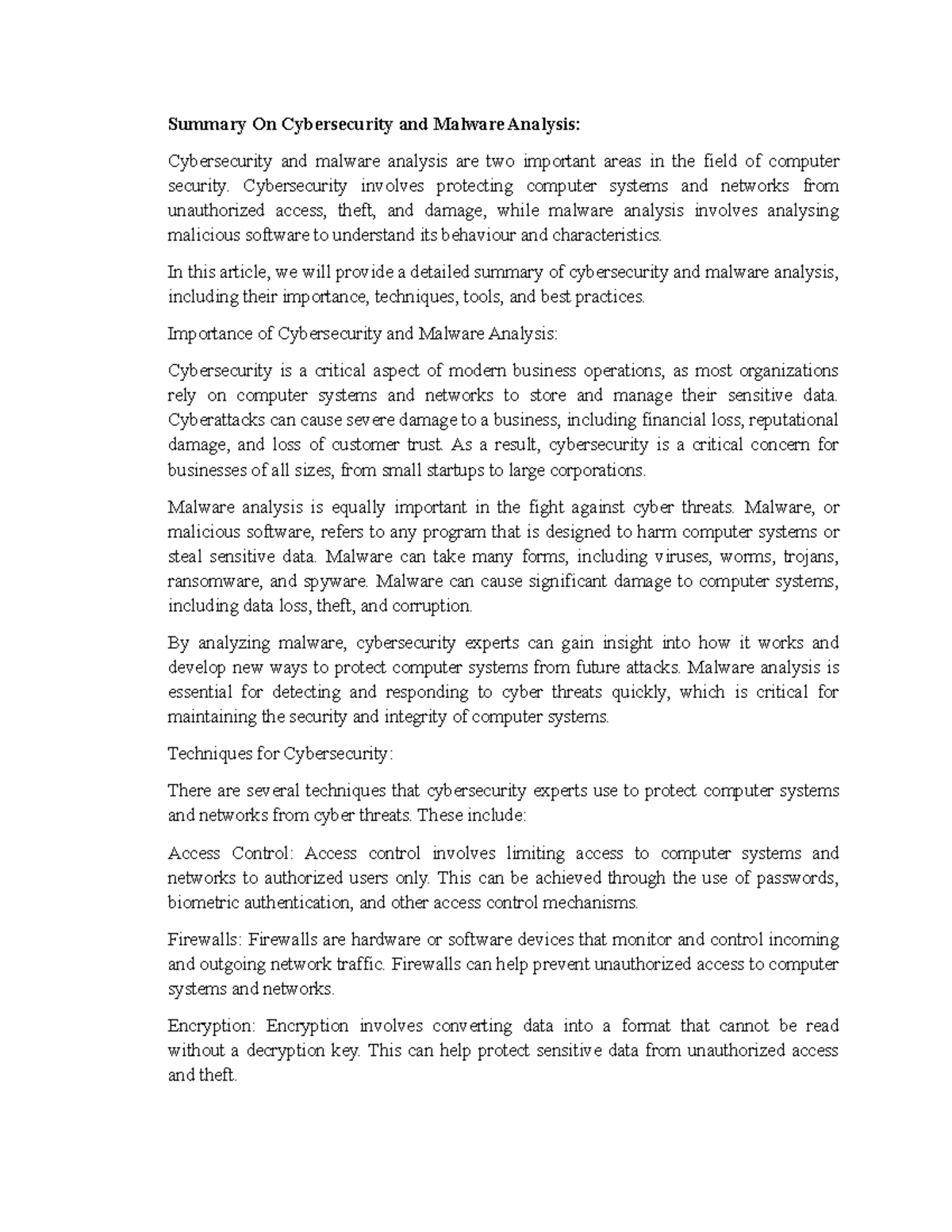 Summary On Cybersecurity and Malware Analysis - Summary On Cybersecurity and Malware Analysis ...