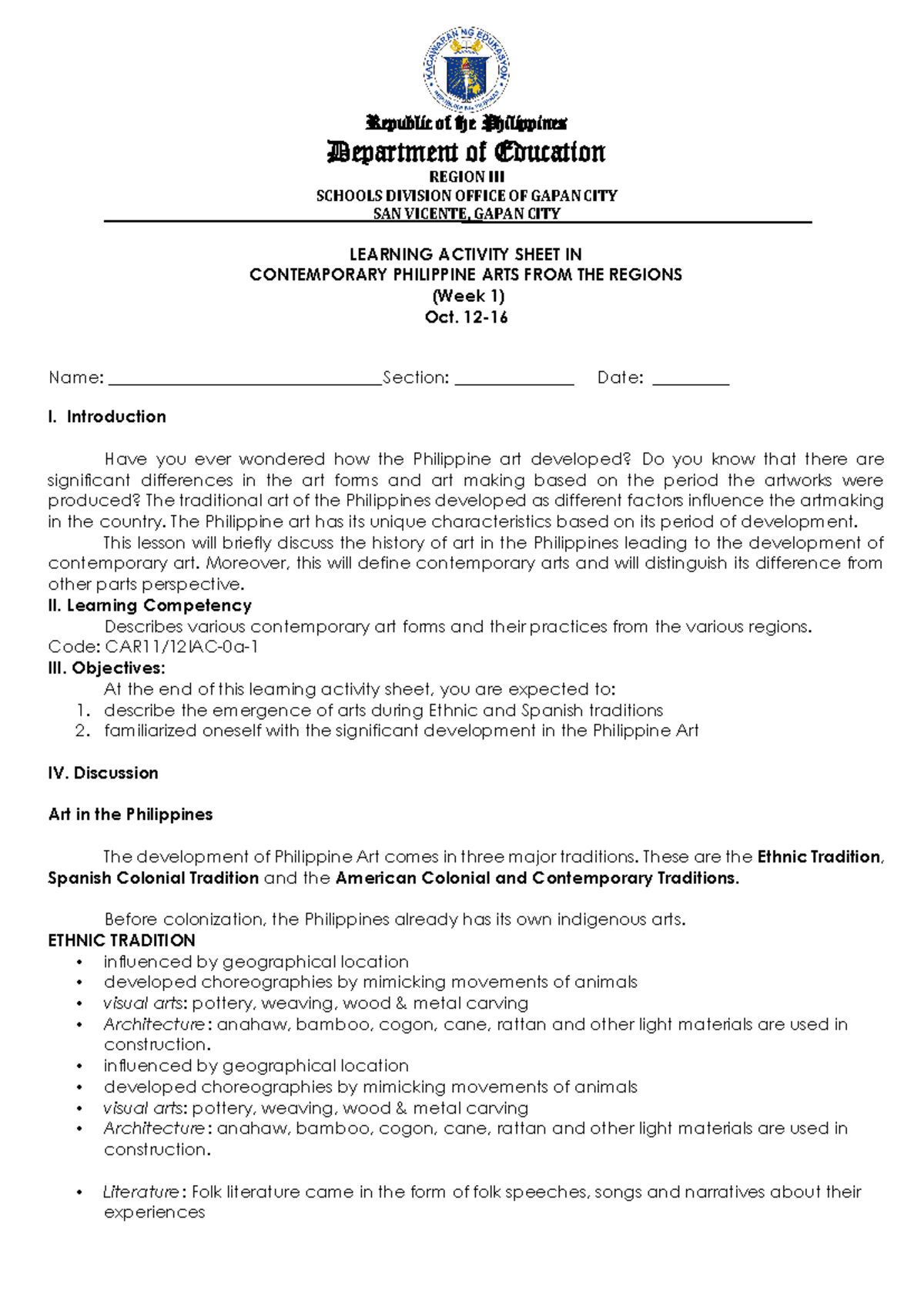 Contemp-WEEK-3 - Lecture - Department of Education REGION III SCHOOLS DIVISION OFFICE OF GAPAN ...