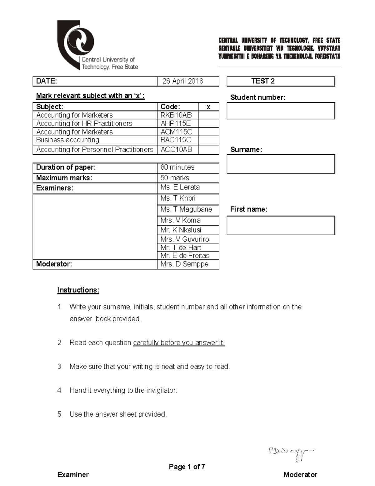 Memo - MEMO FOR TEST 2 - Instructions: 1 Write your surname, initials ...