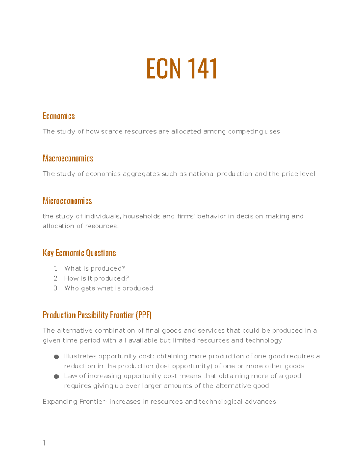 ECN 141 study guide - ECN 141 Economics The study of how scarce ...