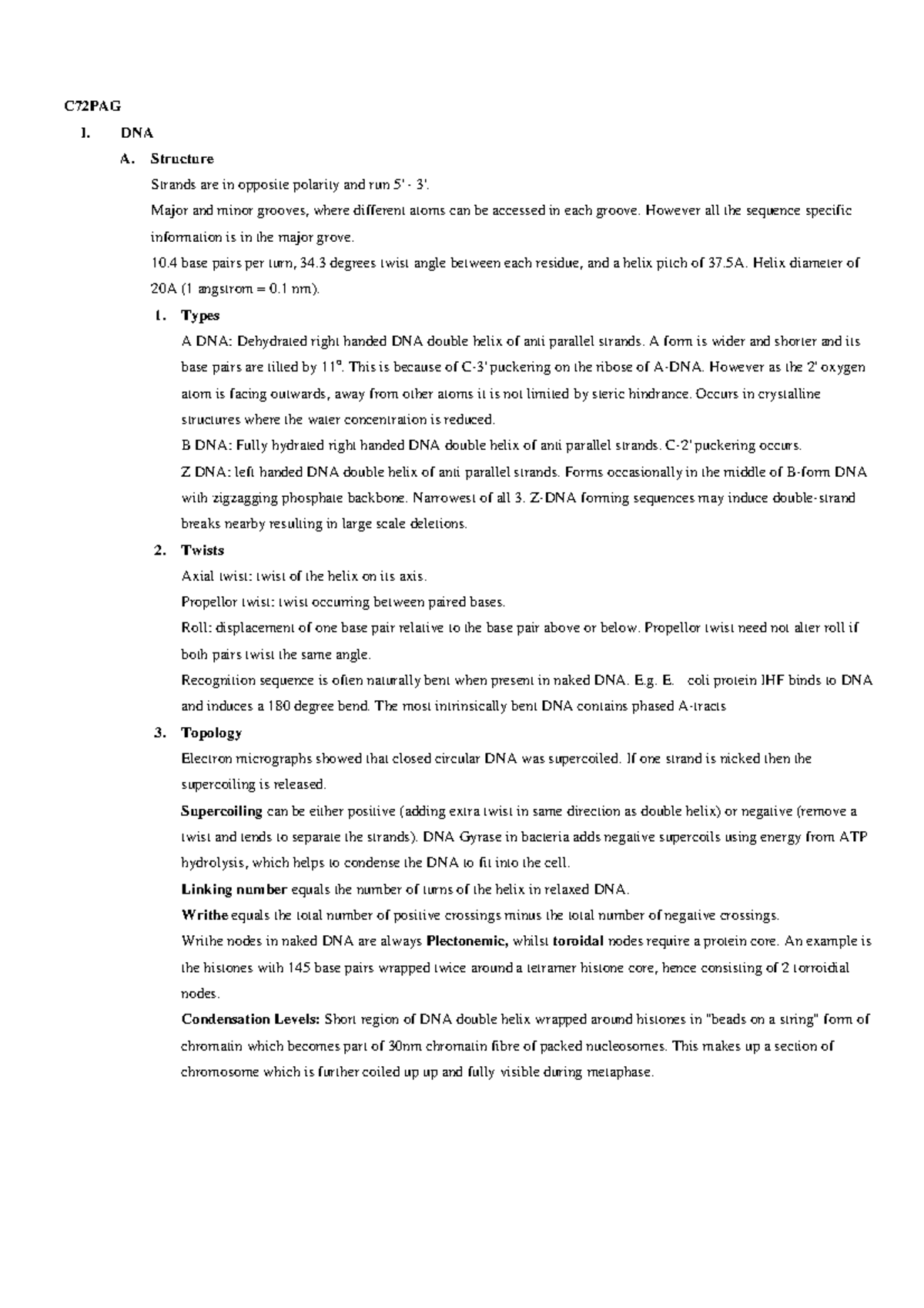 Revision Notes - DNA structures, prokaryotes and eukaryotes - C72PAG I ...