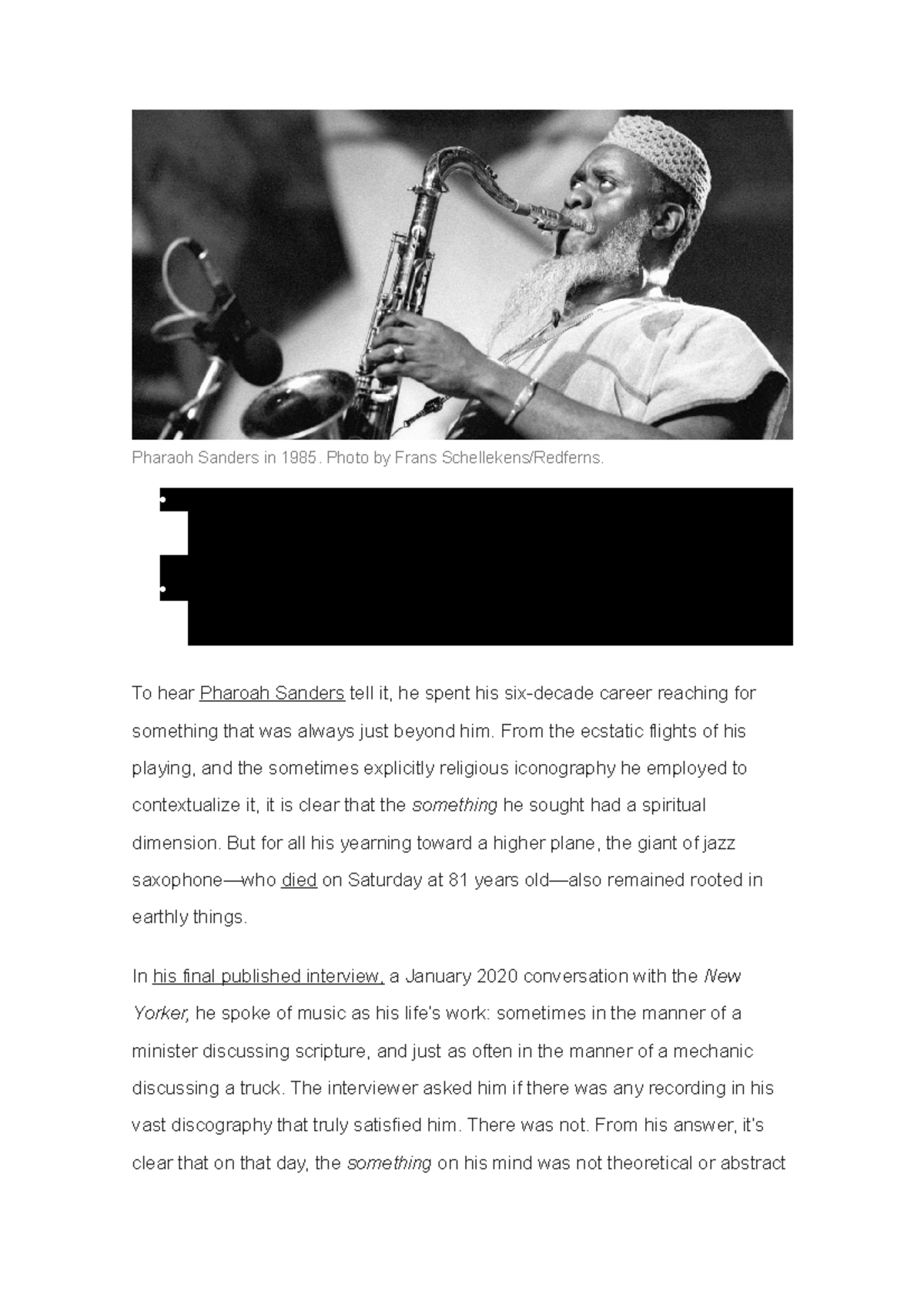 Remembering Pharoah Sanders, Who Sought Divinity on Eart - Pharaoh ...