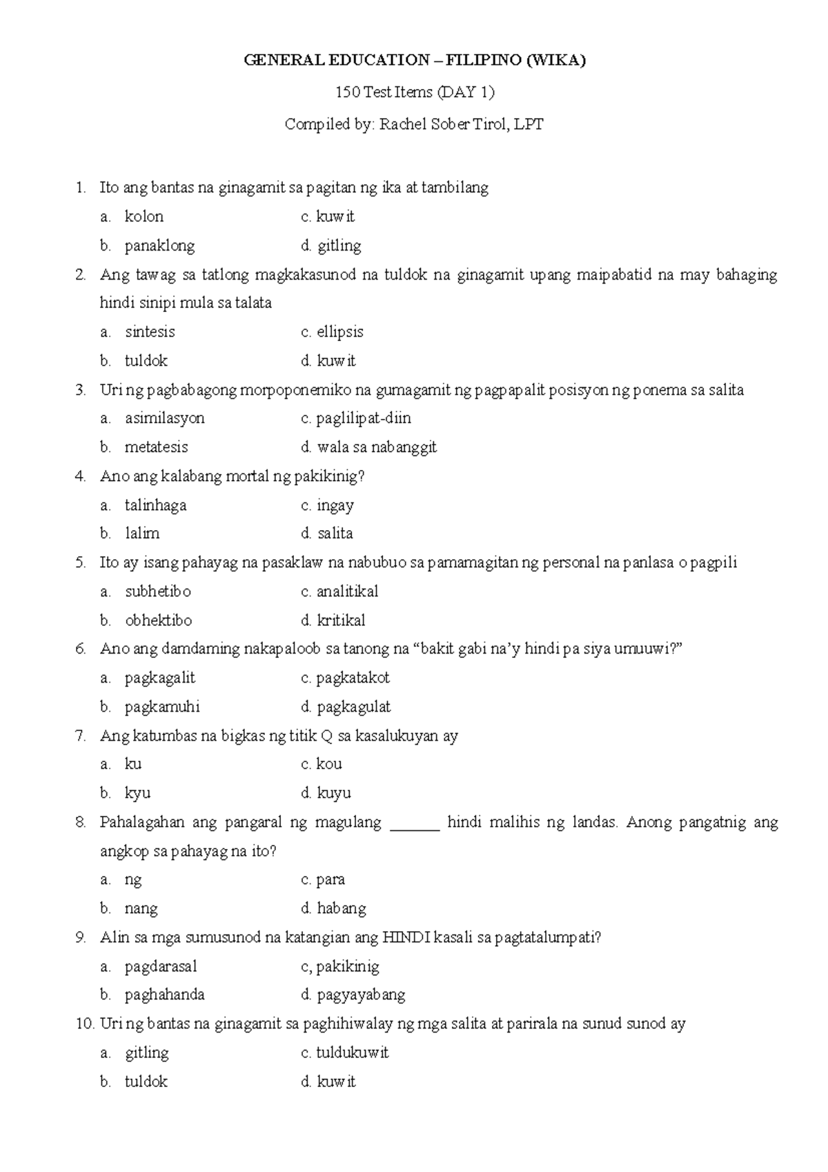 WIKA Questions - needed - GENERAL EDUCATION – FILIPINO (WIKA) 150 Test ...