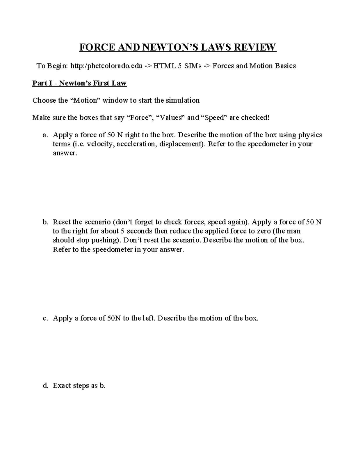 PHET Force AND Newton’S LAWS Review - FORCE AND NEWTON’S LAWS REVIEW To ...