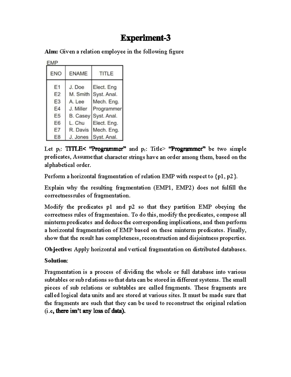 Experiment 1 - DBMS assignment 1 statement - Aim: Given a relation employee in the following ...