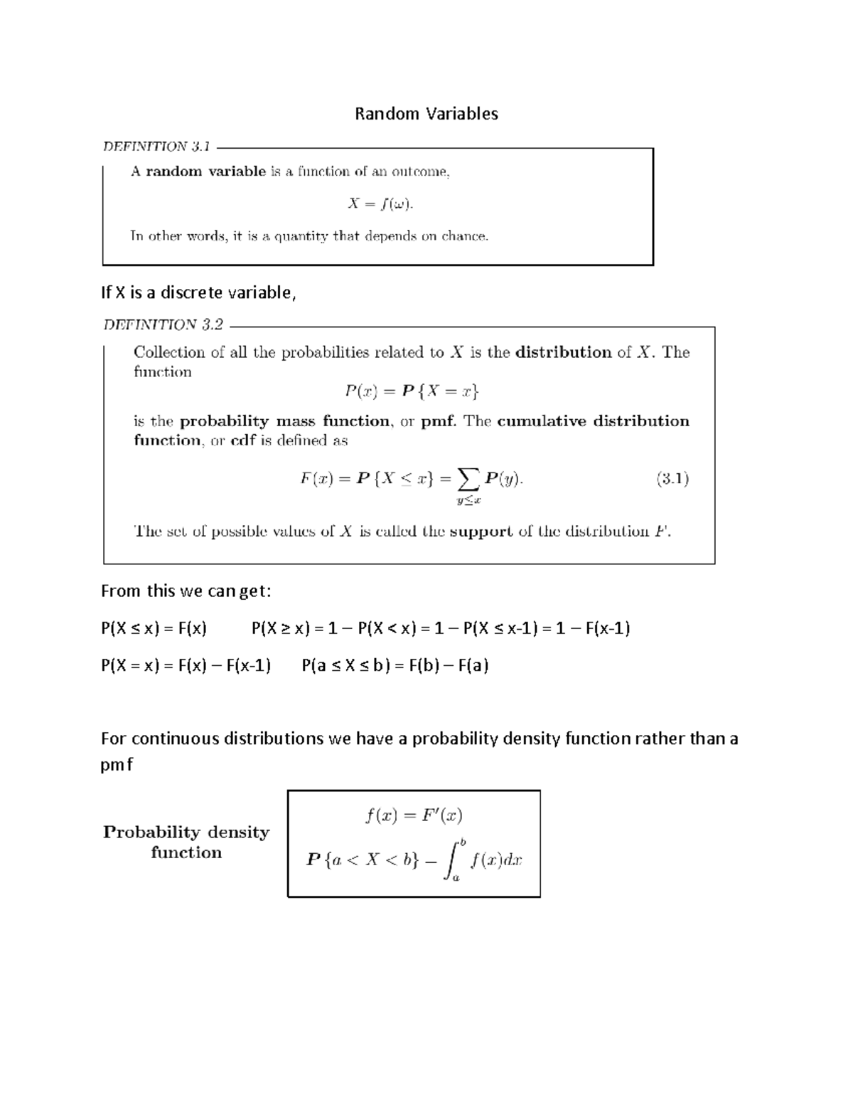 Notes 2 Random Variables - Random Variables If X is a discrete variable ...