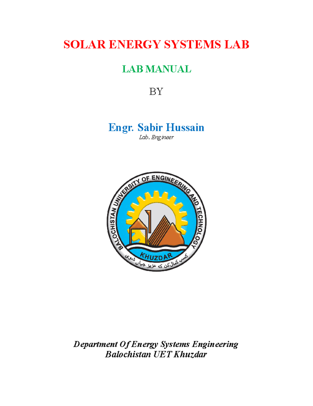 Renewable lab - Rough work - SOLAR ENERGY SYSTEMS LAB LAB MANUAL BY ...