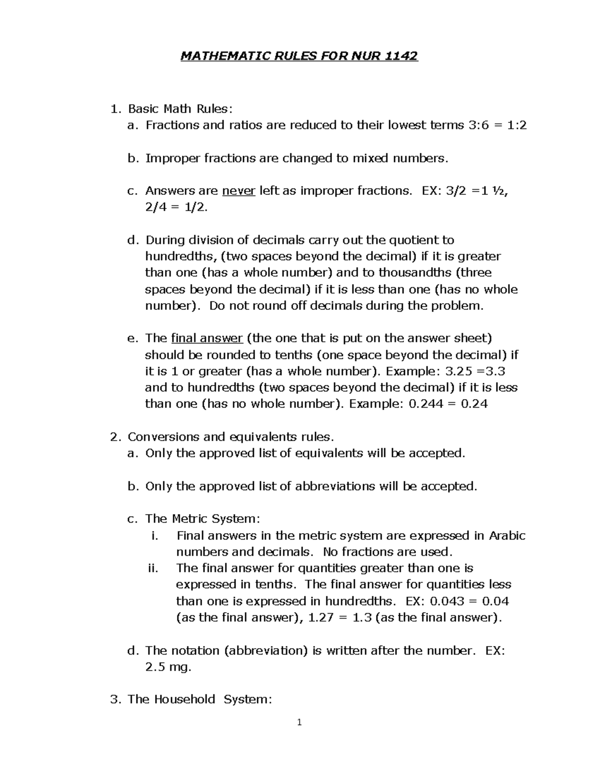 Mathematic AND Labeling Rules FOR NUR 1142 - MATHEMATIC RULES FOR NUR ...