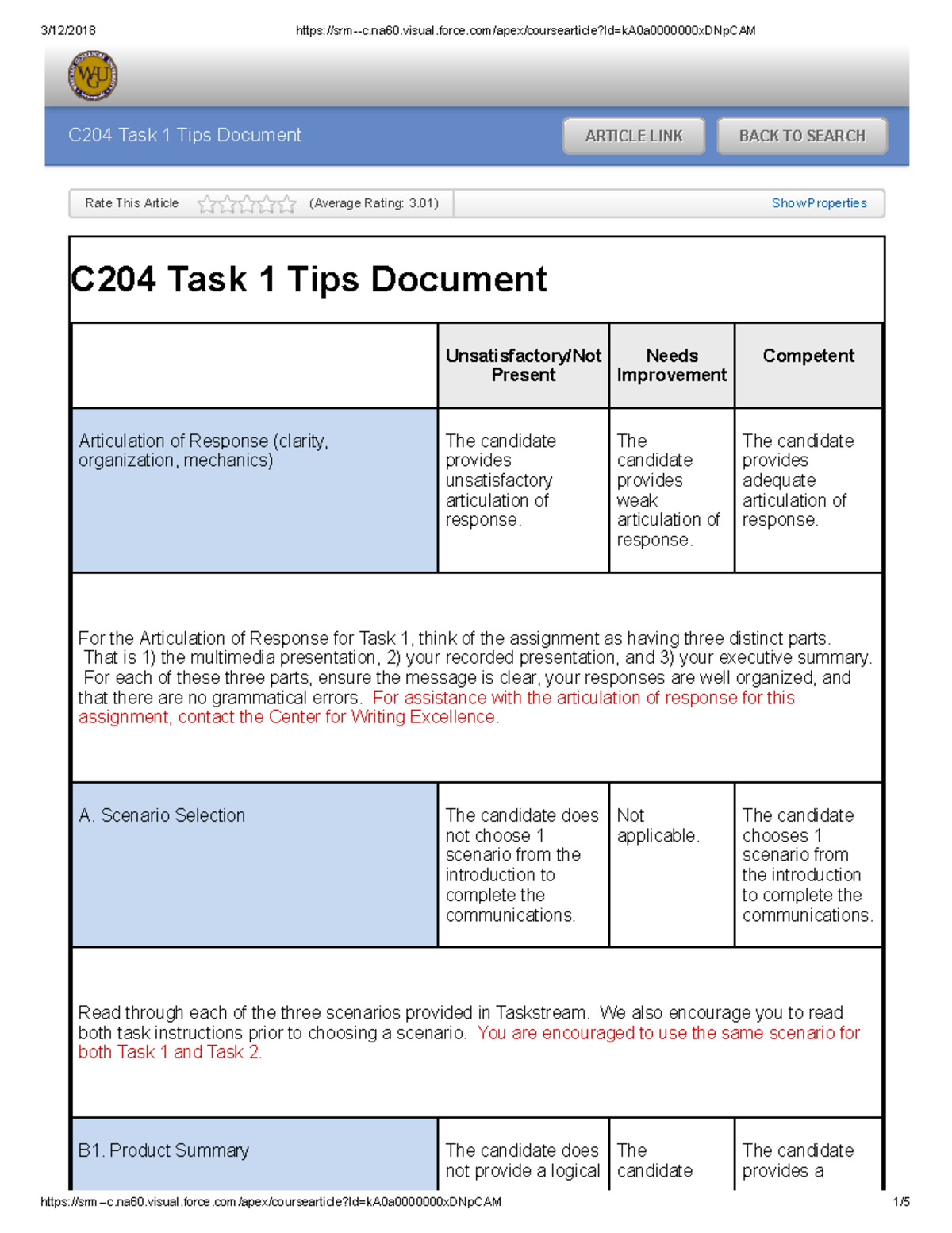 C204 - Task 1 Tips Document - C204 Task 1 Tips Document Unsatisfactory/Not Present Needs ...