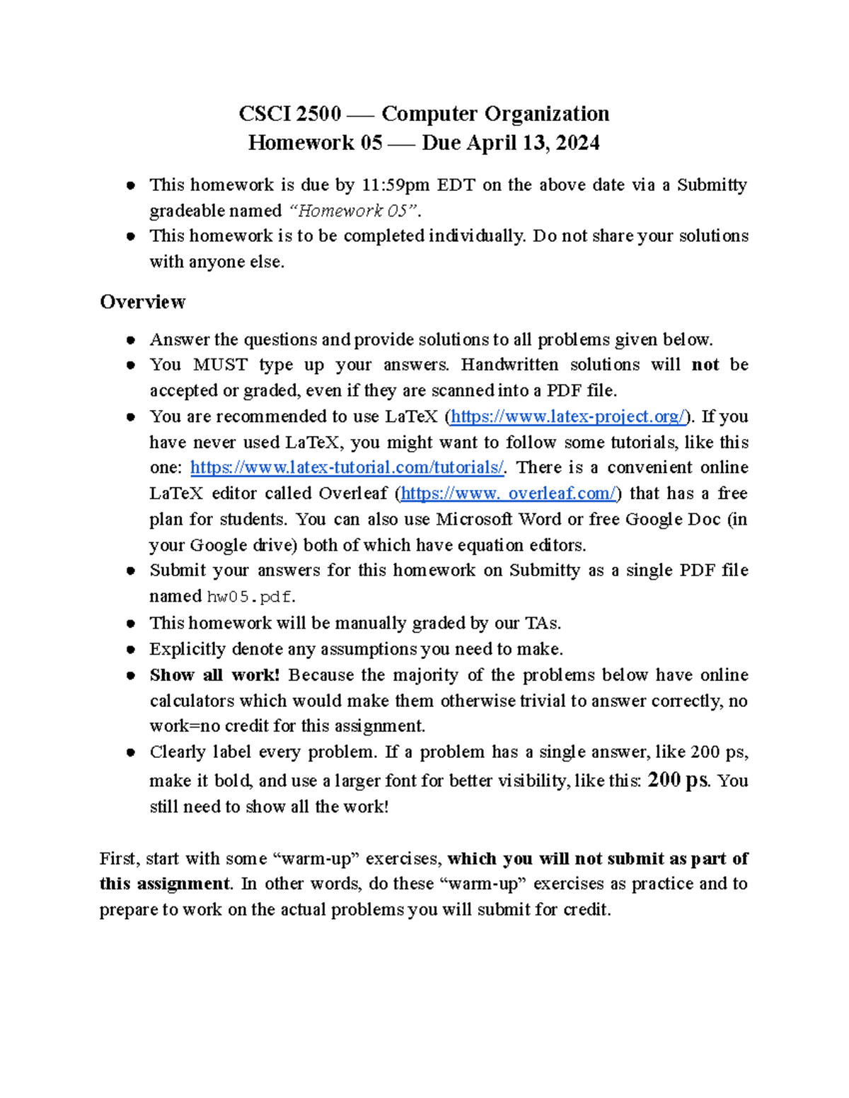 HW05 - CSCI 2500 —- Computer Organization Homework 05 —- Due April 13, 2024 This homework is due ...