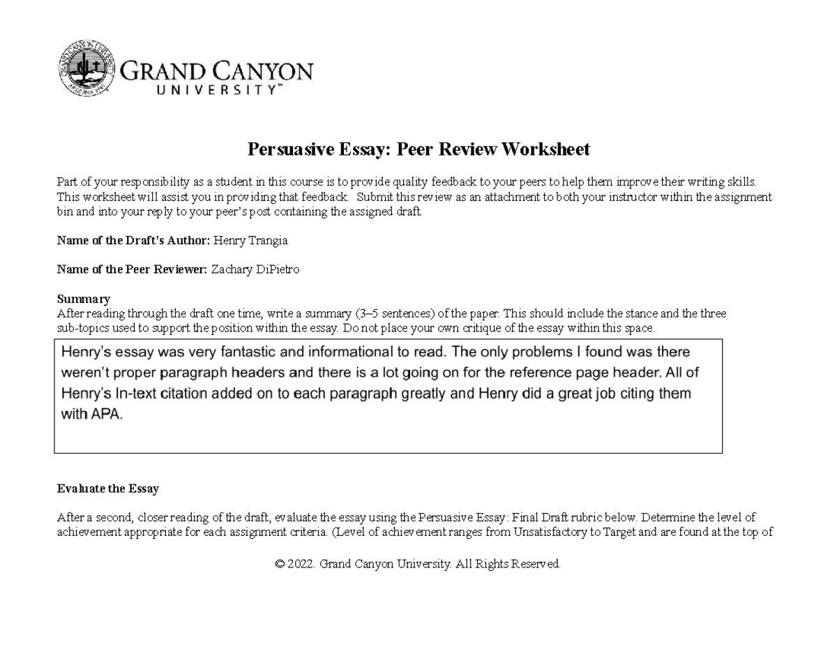 T-6 Peer Review Worksheet PHI105 - Persuasive Essay: Peer Review ...