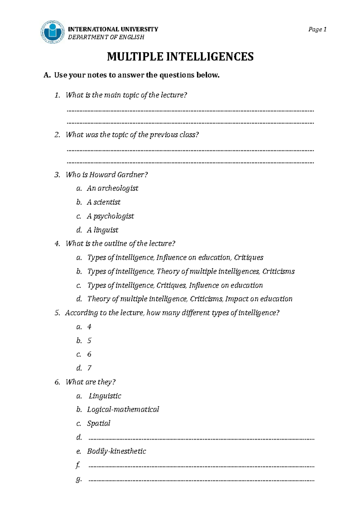 Unit 8 - Multiple Intelligences - INTERNATIONAL UNIVERSITY Page 1 ...