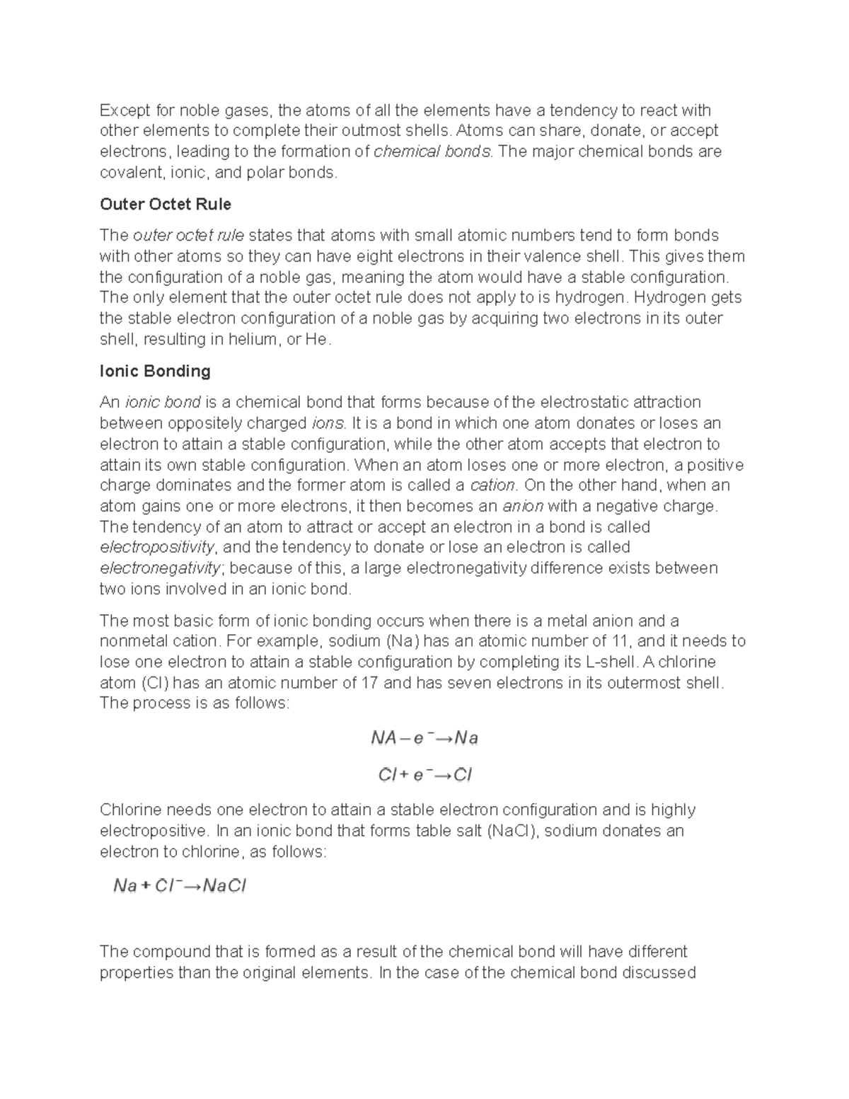 Chemical Bonds and Reactions - Except for noble gases, the atoms of all ...
