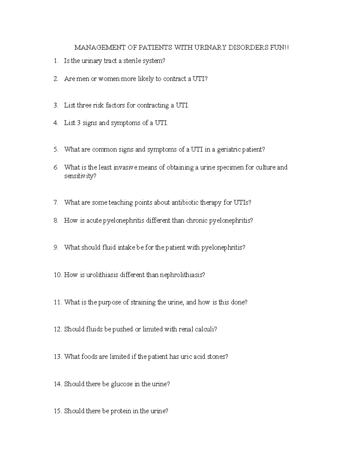 Urinary Function Management Fun Sheet Student Version-2 - MANAGEMENT OF ...