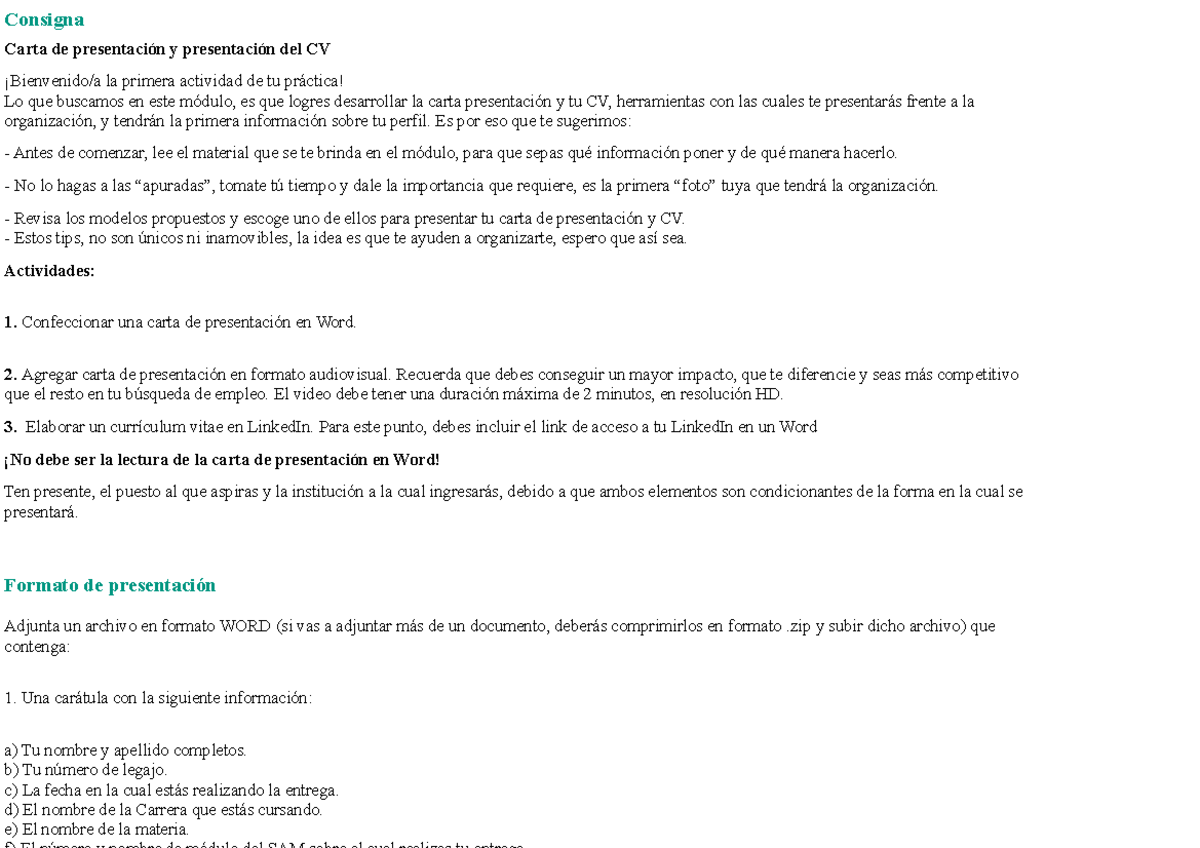 Consigna tp1 - Consigna Carta de presentación y presentación del CV ...
