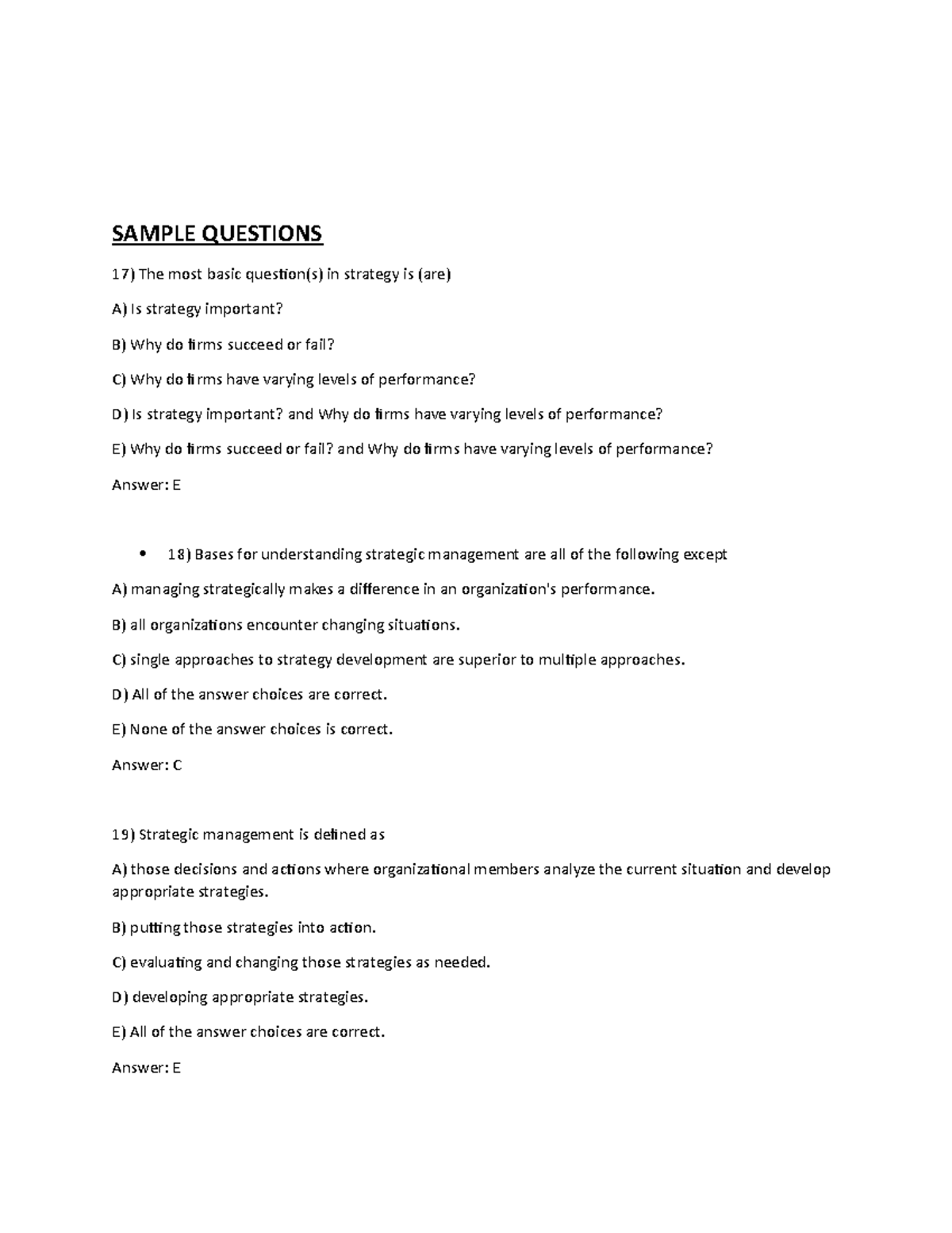 Business Policy AND Stategy( Sample Questions) - SAMPLE QUESTIONS The ...