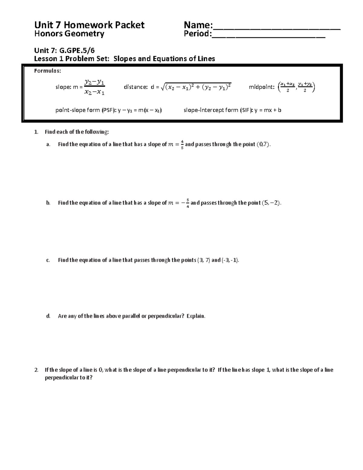 Unit 7 Homework Packet - Aditional help for unit 7 - Unit 7 Homework ...
