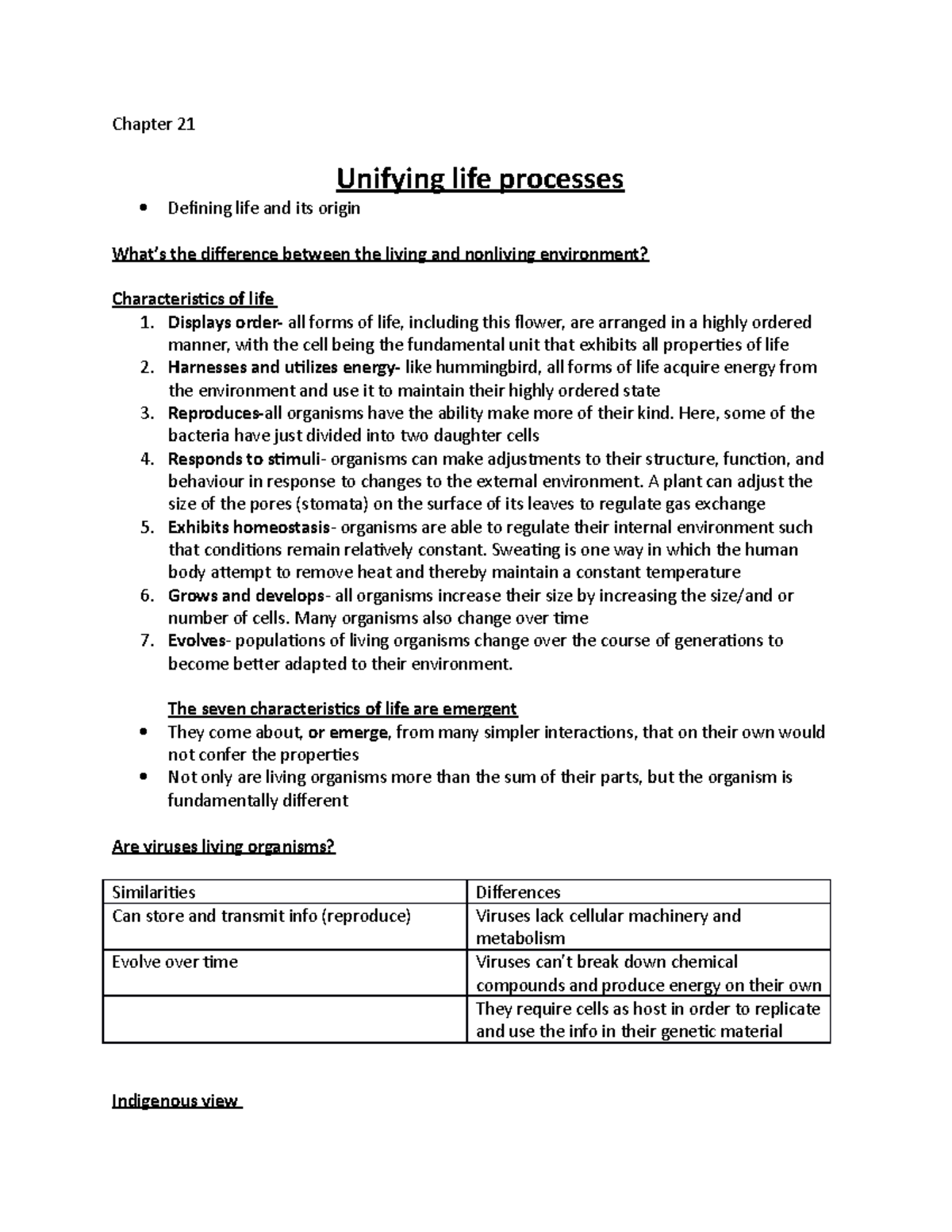 Chapter 21 - Brief notes - Chapter 21 Unifying life processes Defining ...
