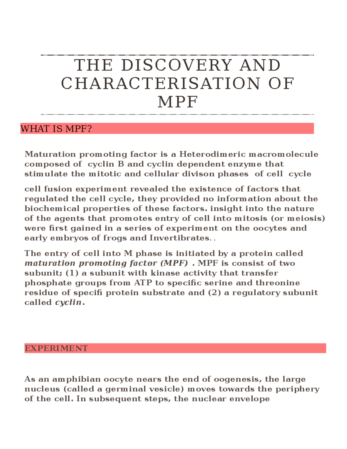 THE Discovery AND Characterisation OF MPF - THE DISCOVERY AND ...