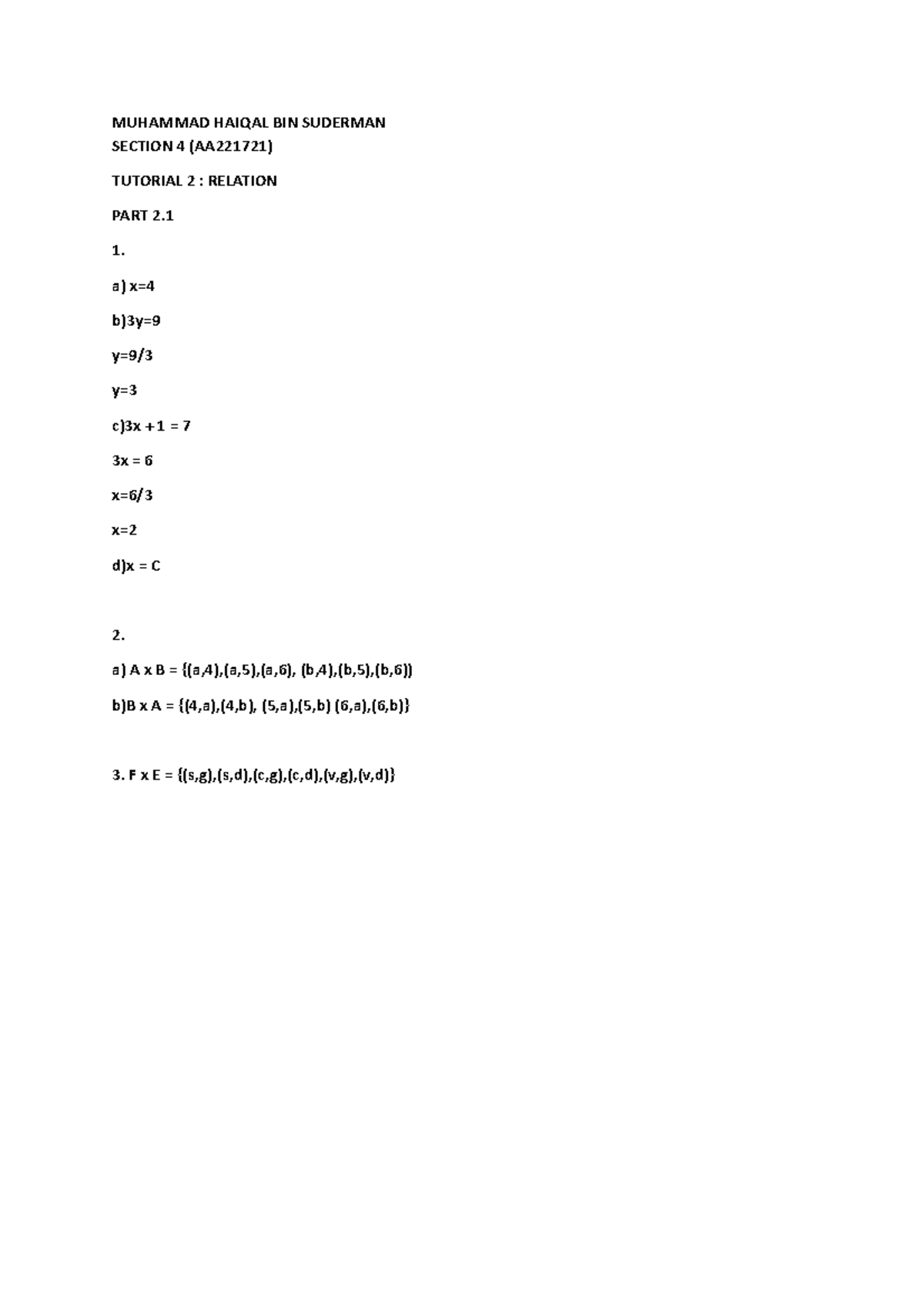 Tuto2descmathasdasd - MUHAMMAD HAIQAL BIN SUDERMAN SECTION 4 (AA221721) TUTORIAL 2 : RELATION ...