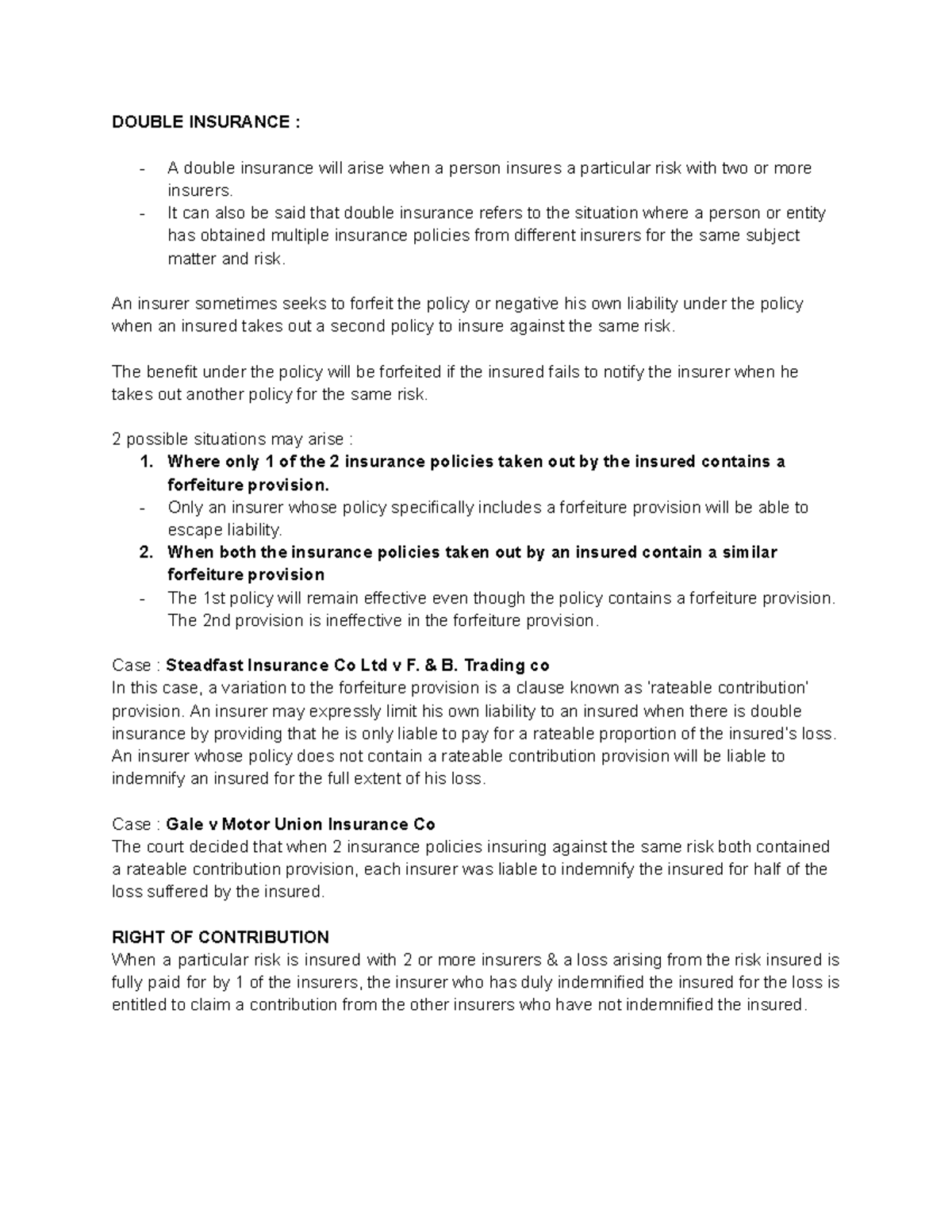 Insurance LAW Notes - DOUBLE INSURANCE : A double insurance will arise ...