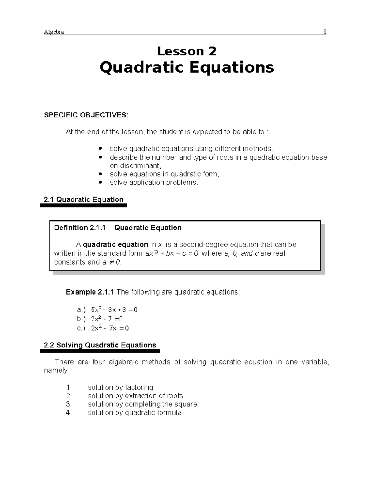Guide Teacher Lesson 2 quadratic equations - Lesson 2 Quadratic ...
