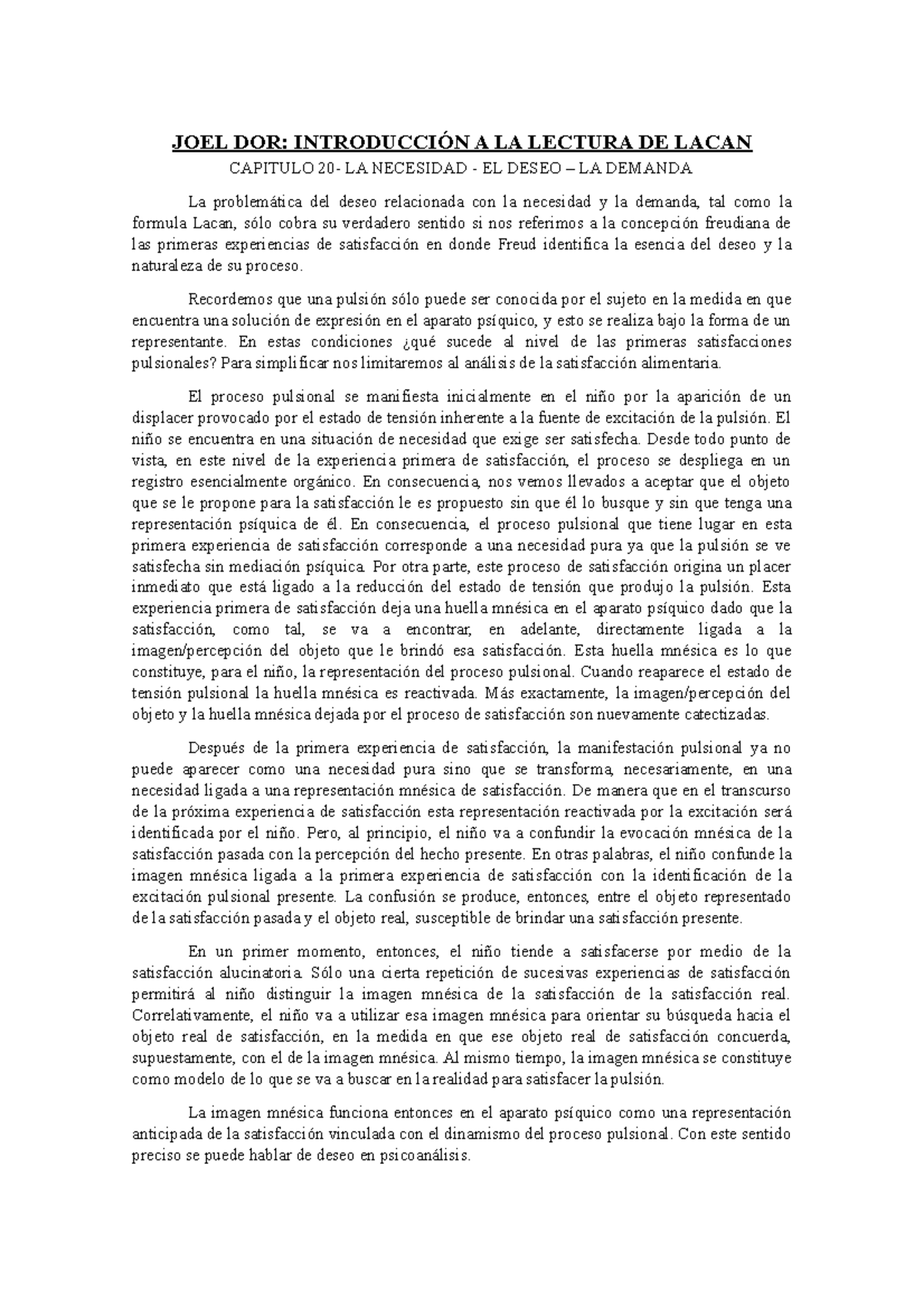 JOEL DOR, Introducción A LA Lectura DE Lacan. capitulo 20. necesidad ...
