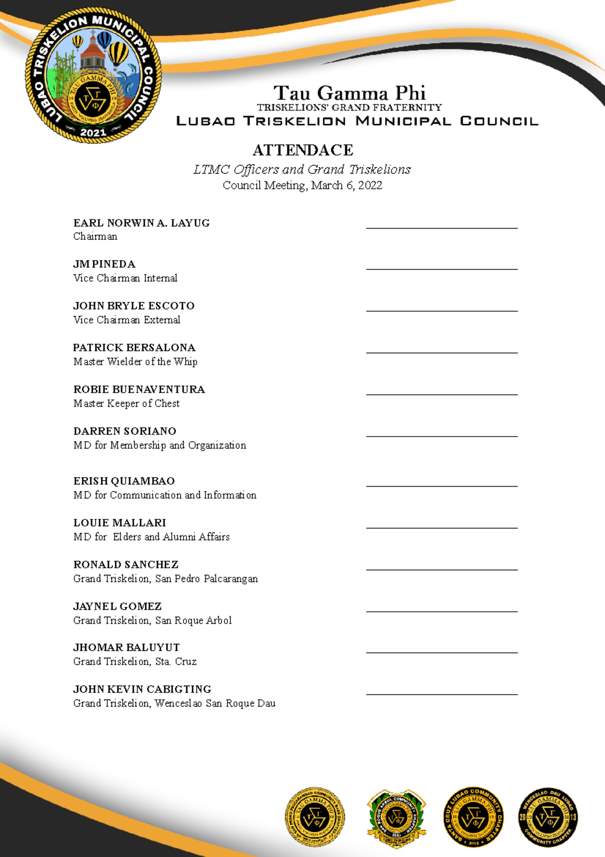 Attendance Sheet - the arrebndav ue kd bfb - ATTENDACE LTMC Officers ...