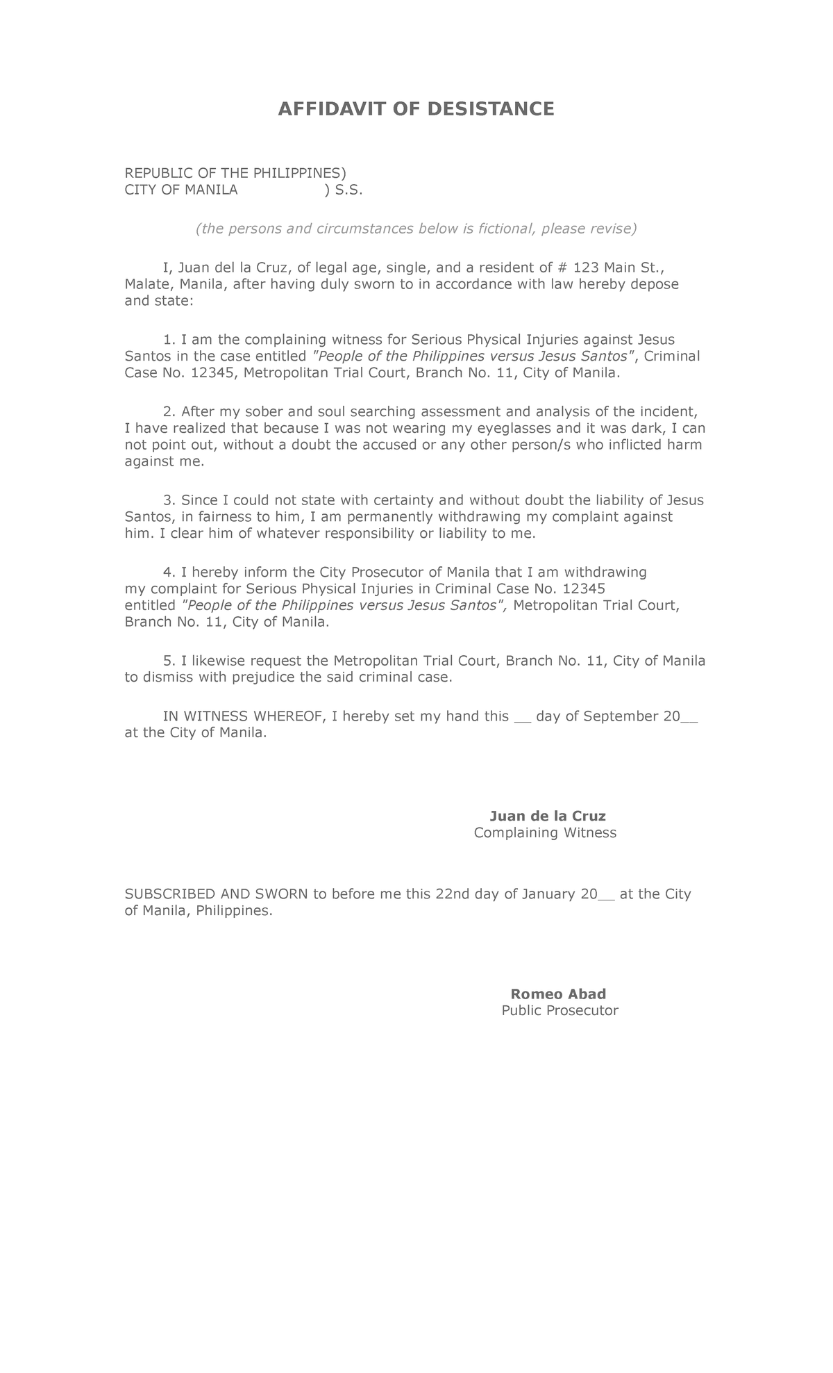 Affidavit OF Desistance - AFFIDAVIT OF DESISTANCE REPUBLIC OF THE ...