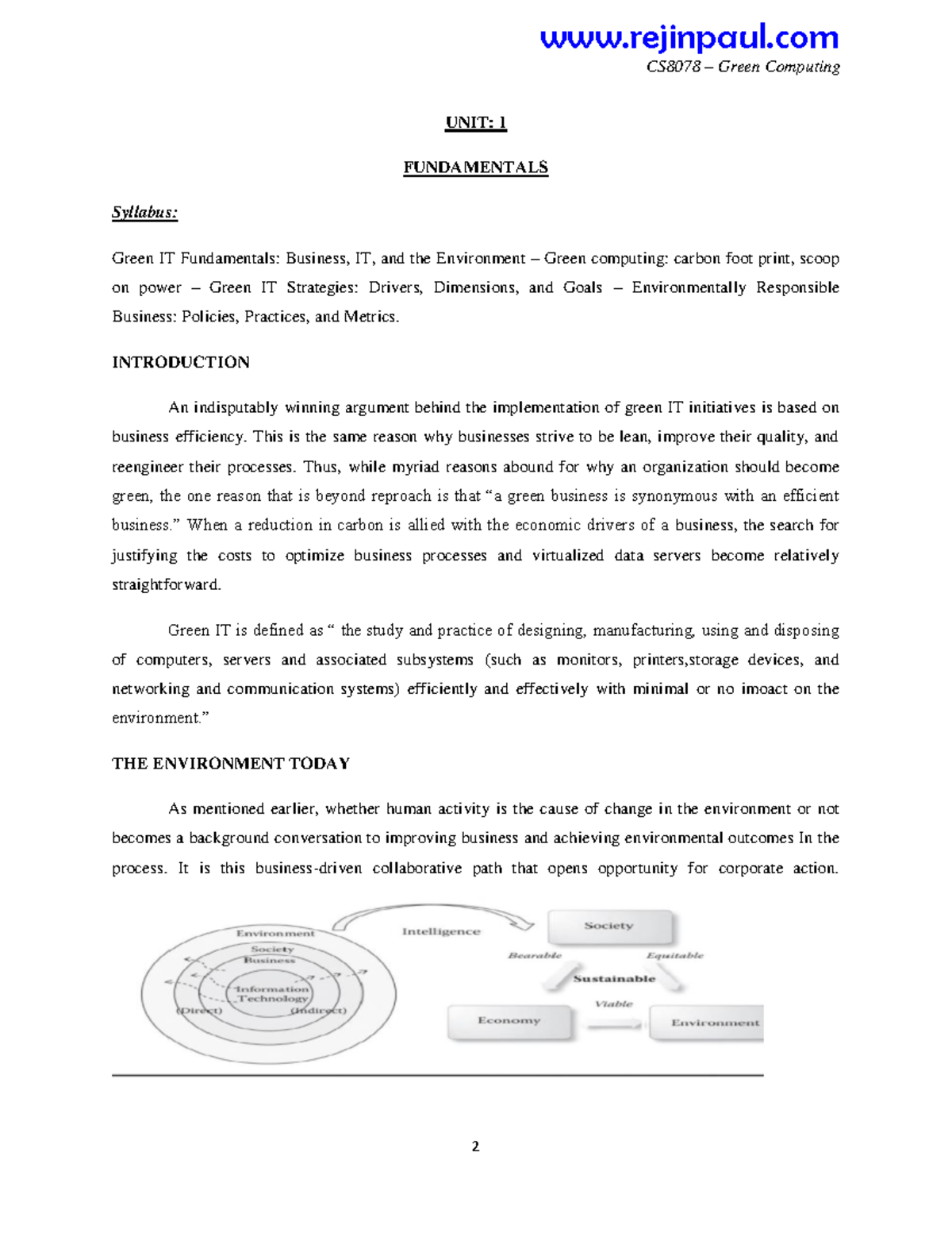Green computing notes rejinpaul - CS8078 – Green Computing UNIT: 1 ...