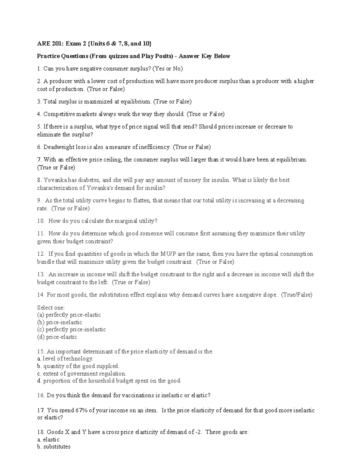 Review Questions - Exam 2 Fall 2021 - ARE 201: Exam 2 {Units 6 & 7, 8 ...