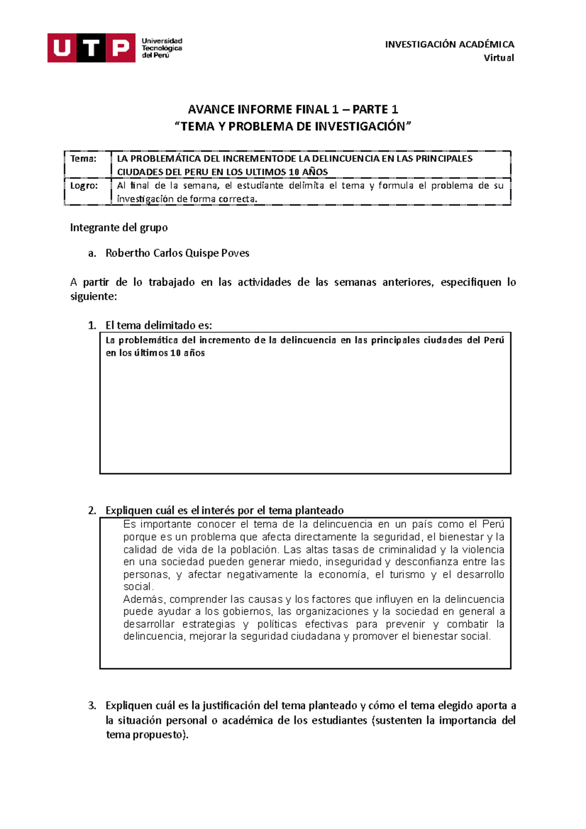 Semana 03-Formato Avance de Informe Final 1 - Parte 1 Tema y problema de investigación - AVANCE ...