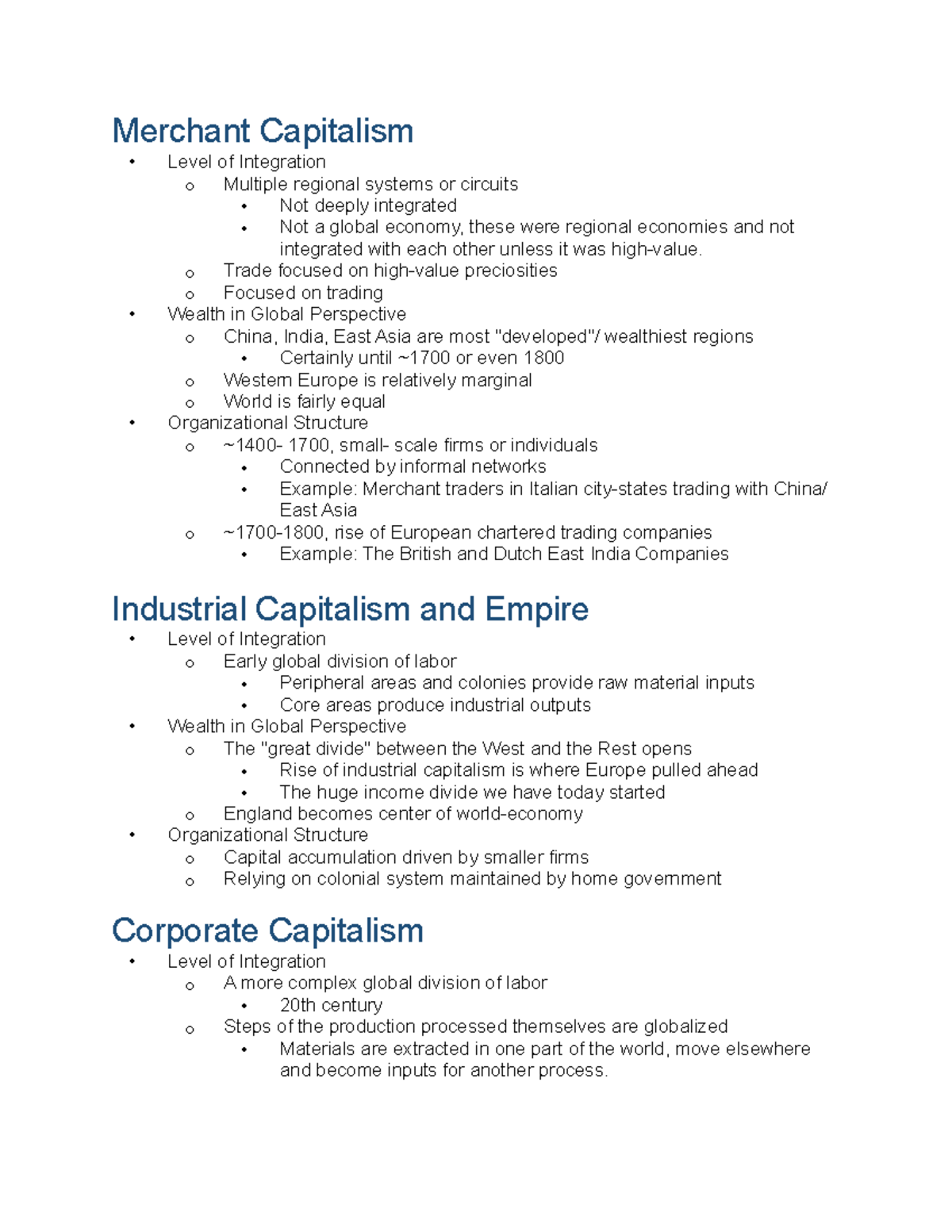 Chapter 3 Lecture Notes - Merchant Capitalism Level of Integration ...
