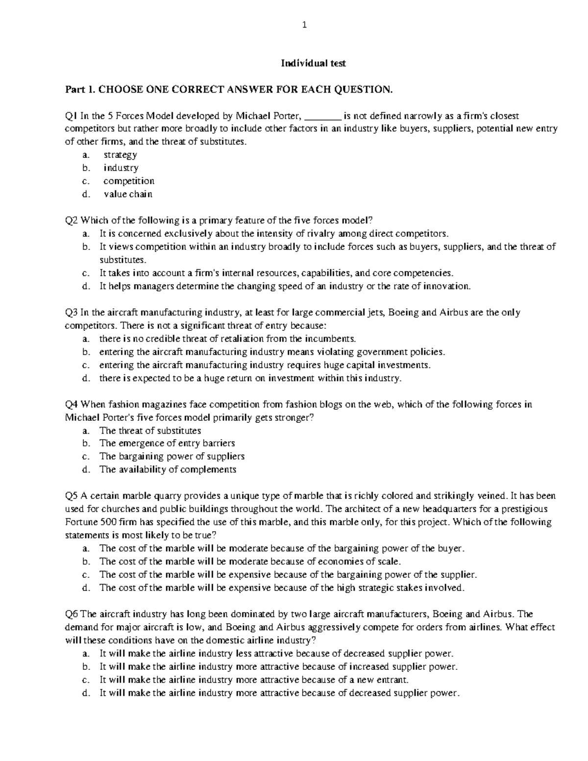 5 forces exercise - 1 Individual test Part 1. CHOOSE ONE CORRECT ANSWER ...
