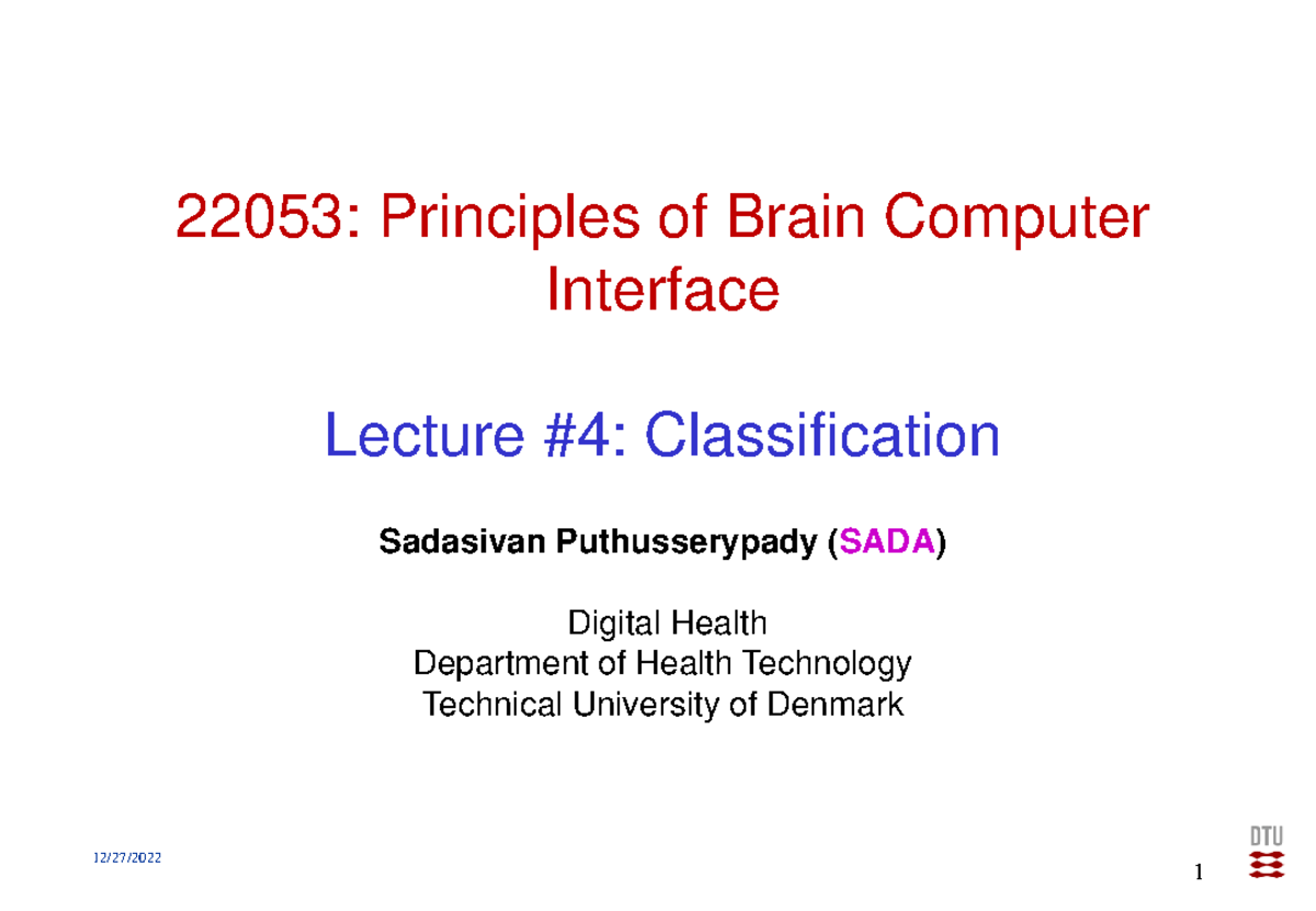 22053 Lecture 4 Classification - 12/27/ 22053: Principles of Brain ...