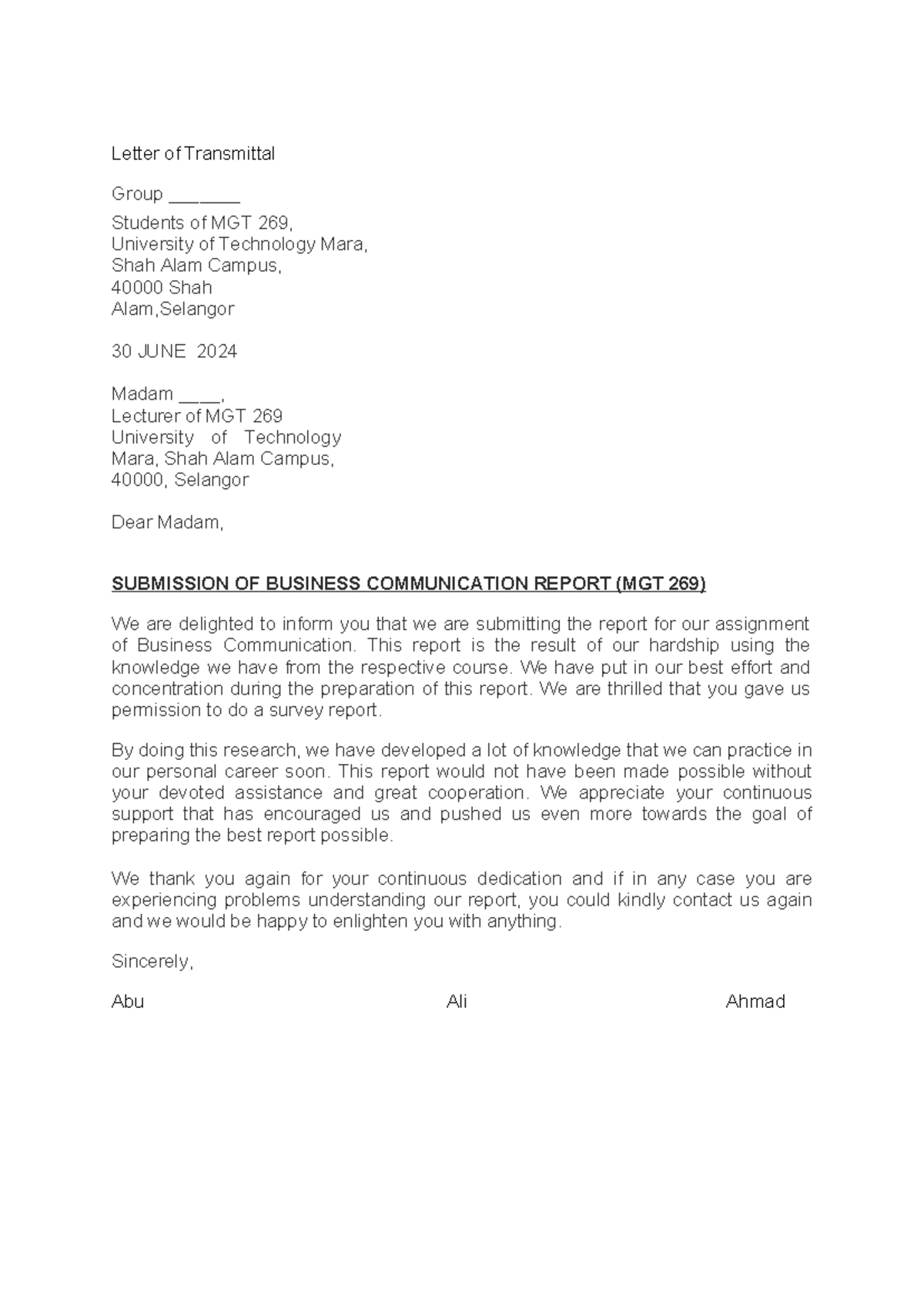 Letter of Transmittal Group Project - Letter of Transmittal Group ...