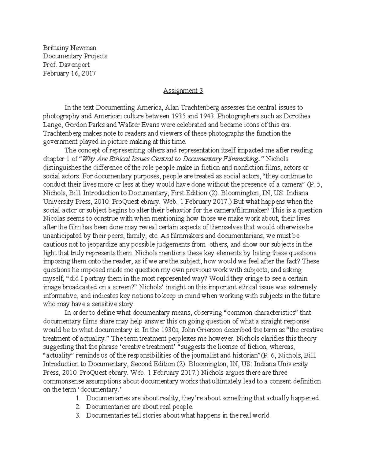 Newman Doc 03 - Grade: A - Brittainy Newman Documentary Projects Prof ...