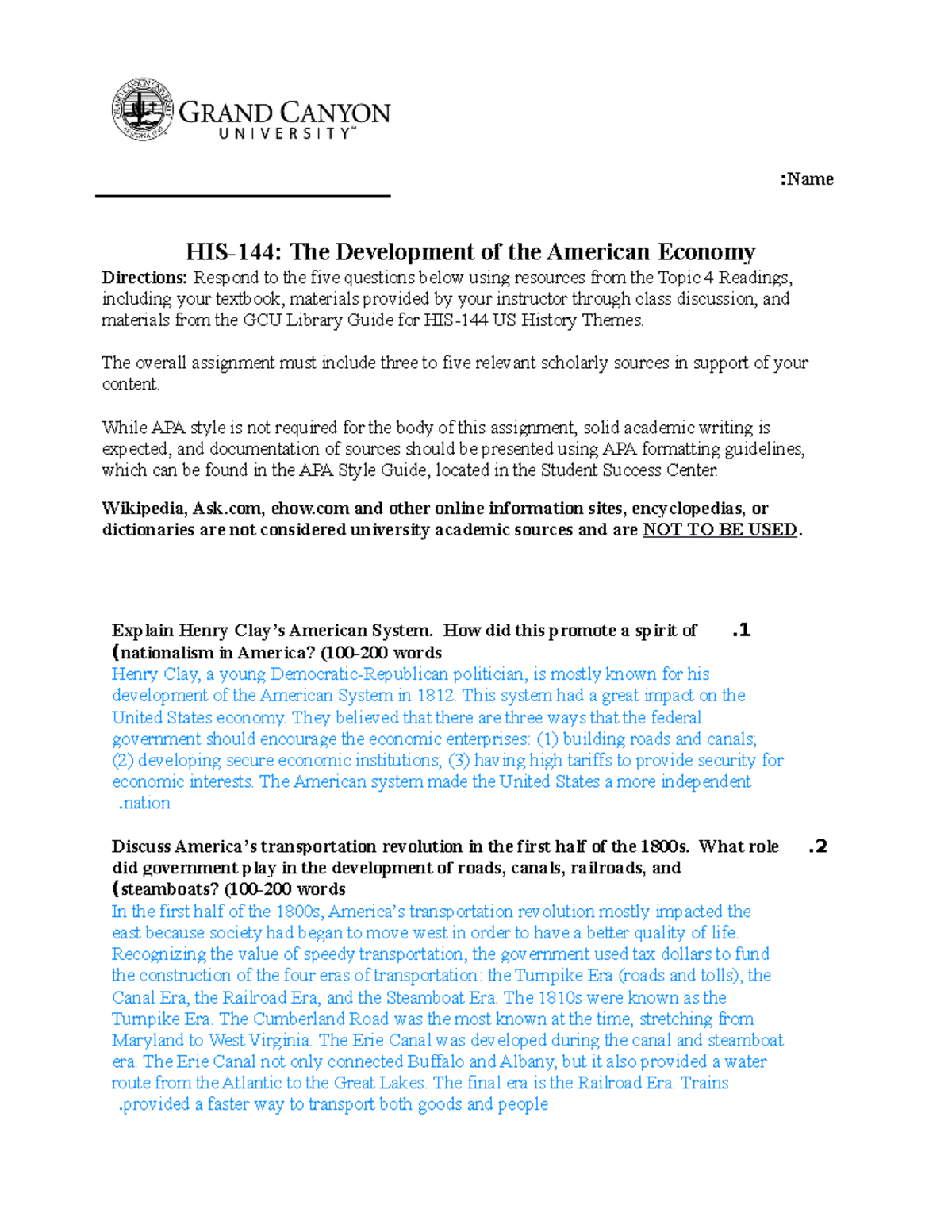 HIS144 - The Development of the American Economy Worksheet - :Name HIS ...