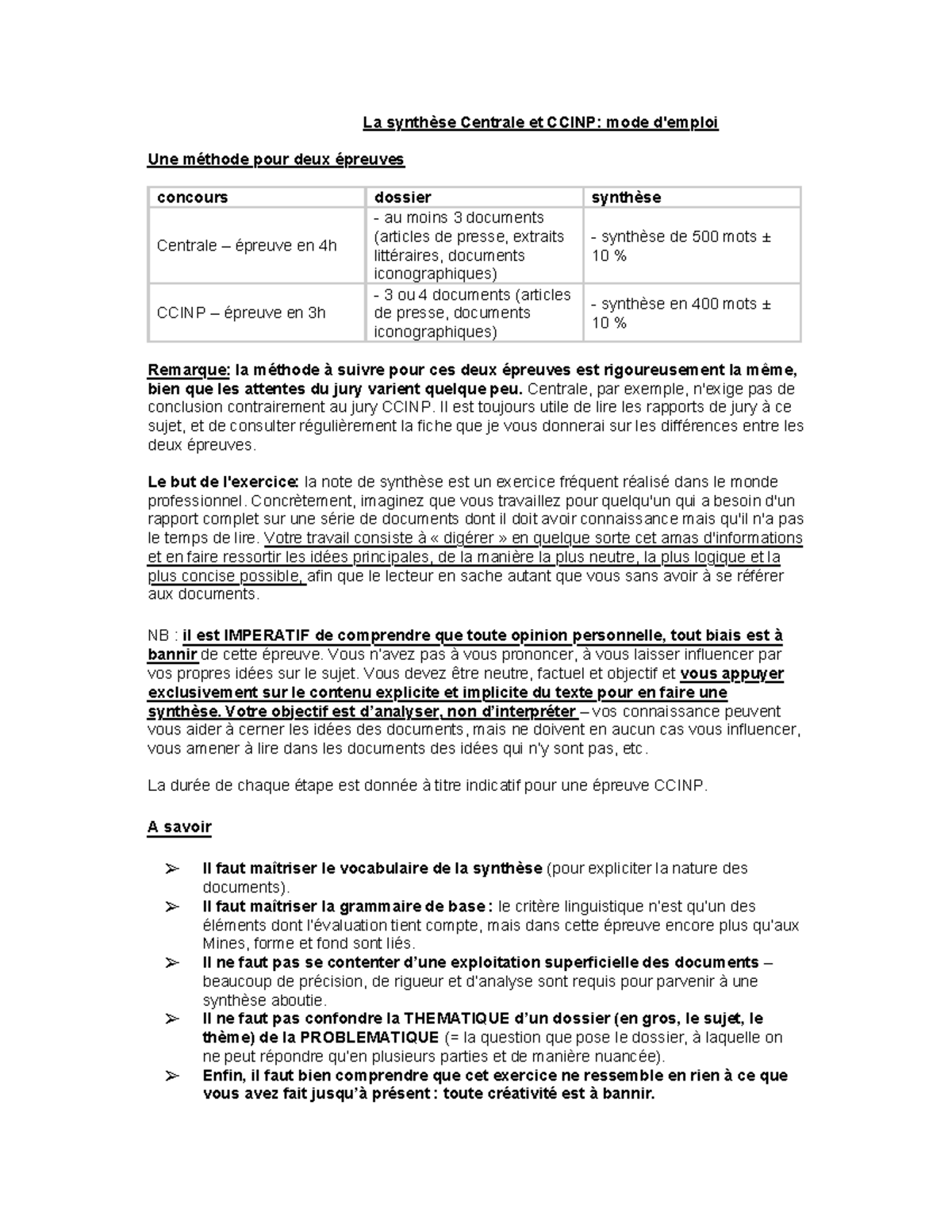 Synthèse mode d'emploi - La synthèse Centrale et CCINP: mode d'emploi ...