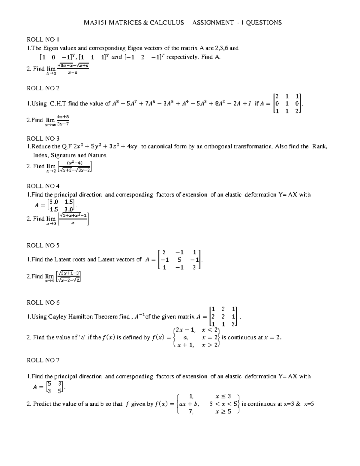 MAT & CAL Assignment 1 - useful - MA3151 MATRICES & CALCULUS ASSIGNMENT - 1 QUESTIONS ROLL NO 1 ...