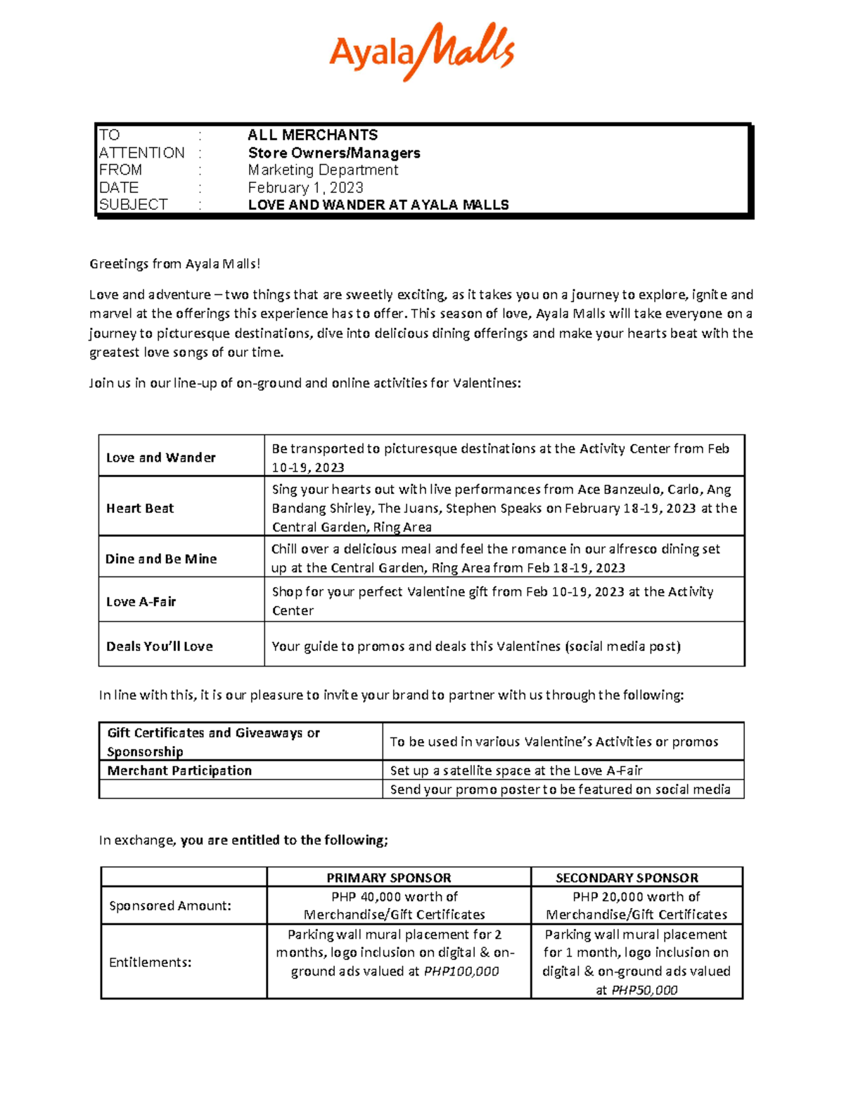 Ayala Malls Manila Bay Circular Memo - Valentines Day 2023 - TO : ALL ...