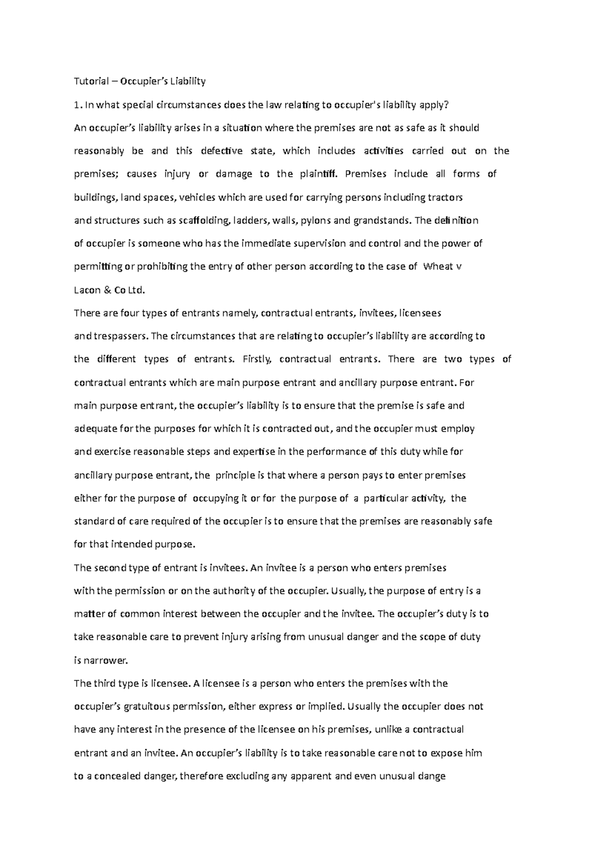 OL - Note - Tutorial – Occupier’s Liability In what special ...